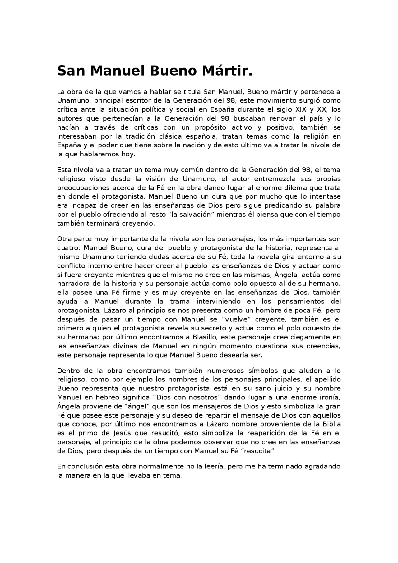 RASGOS PRINCIPALES DEL LIBRO SAN MANUEL BUENO MÁRTIR. PARA EVAU - Docsity