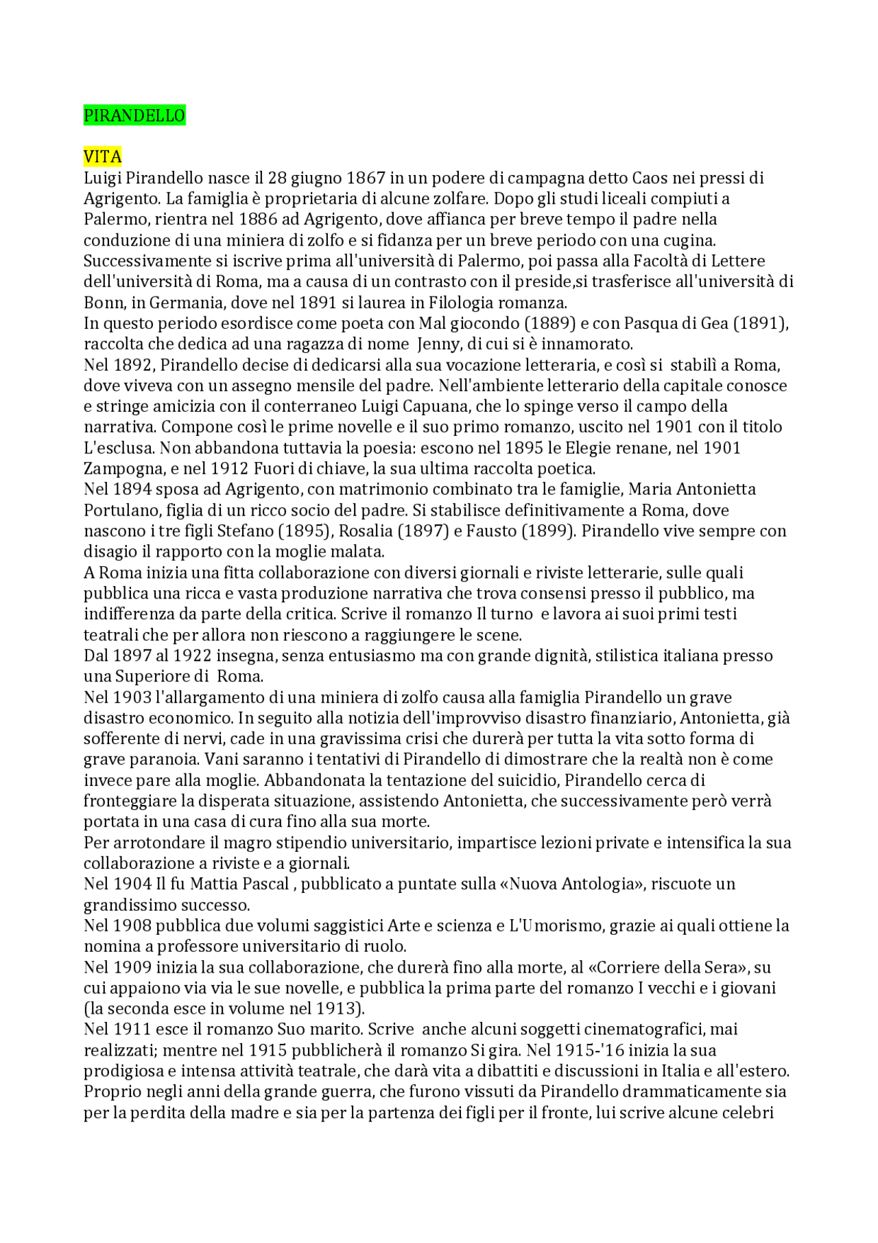 Pirandello Riassunto Completo Docsity