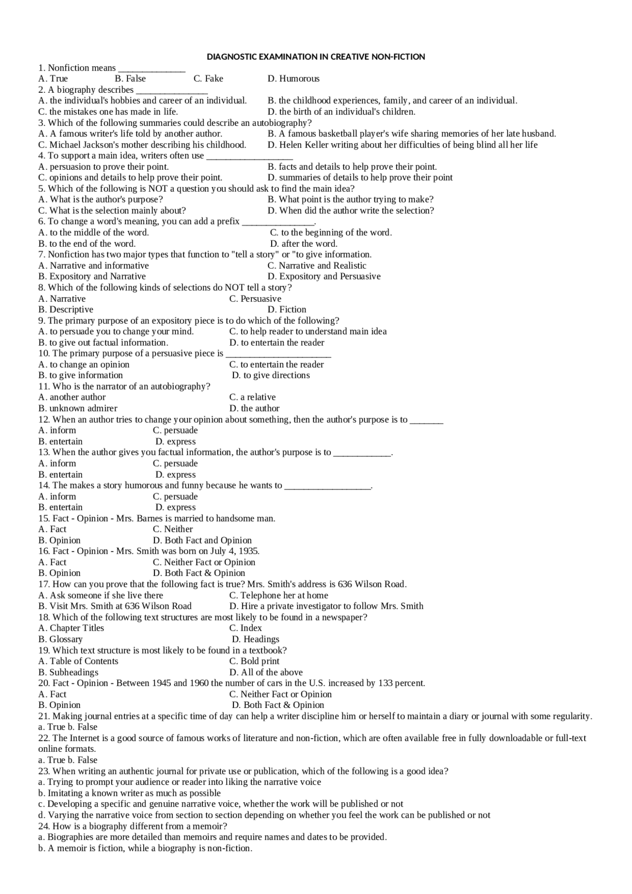 Creative non fiction Diagnostic exam | Exams English | Docsity