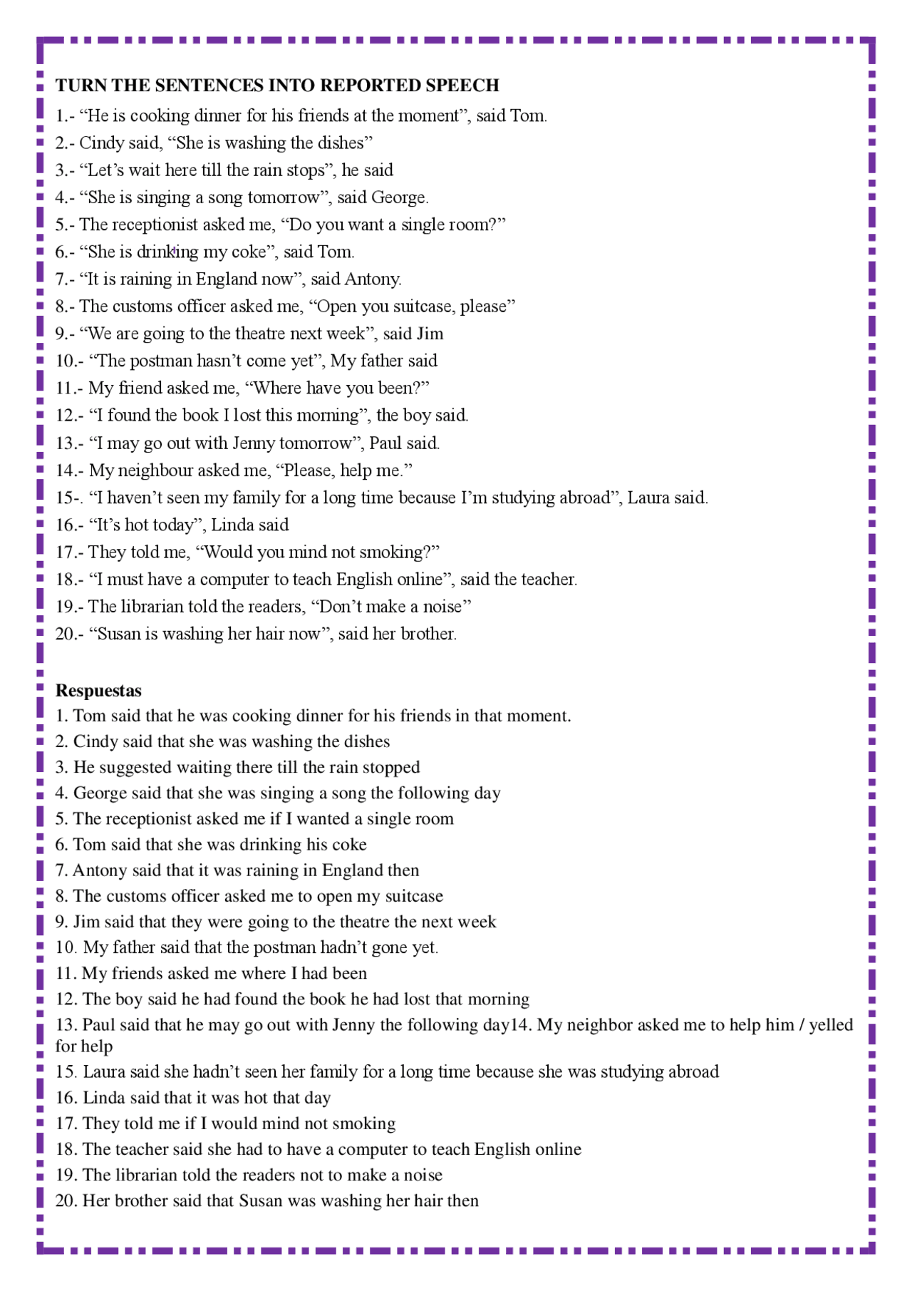 Reported and direct speech | Ejercicios de Inglés | Docsity