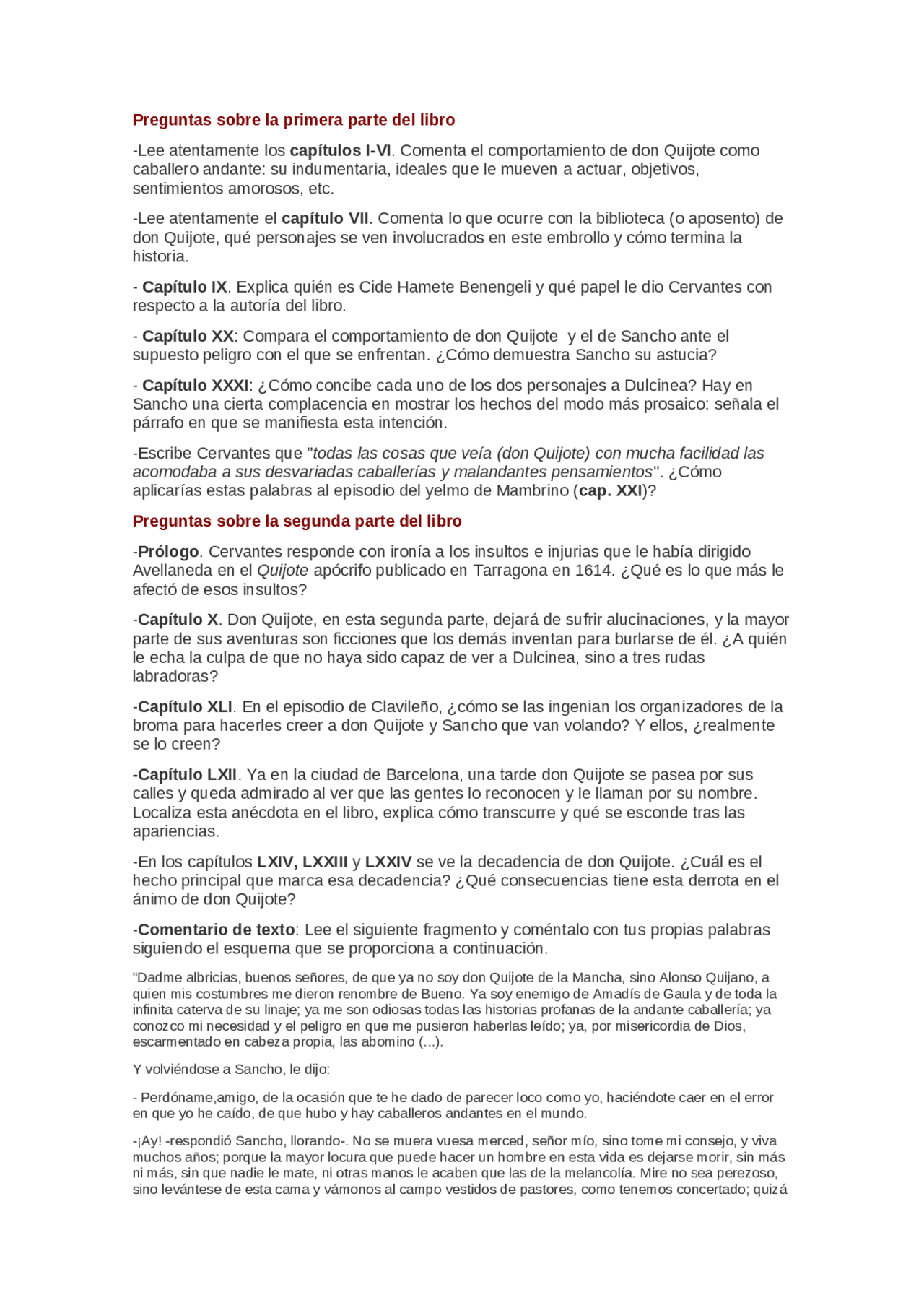 Preguntas libro Don Quijote | Ejercicios de Lengua y Literatura | Docsity
