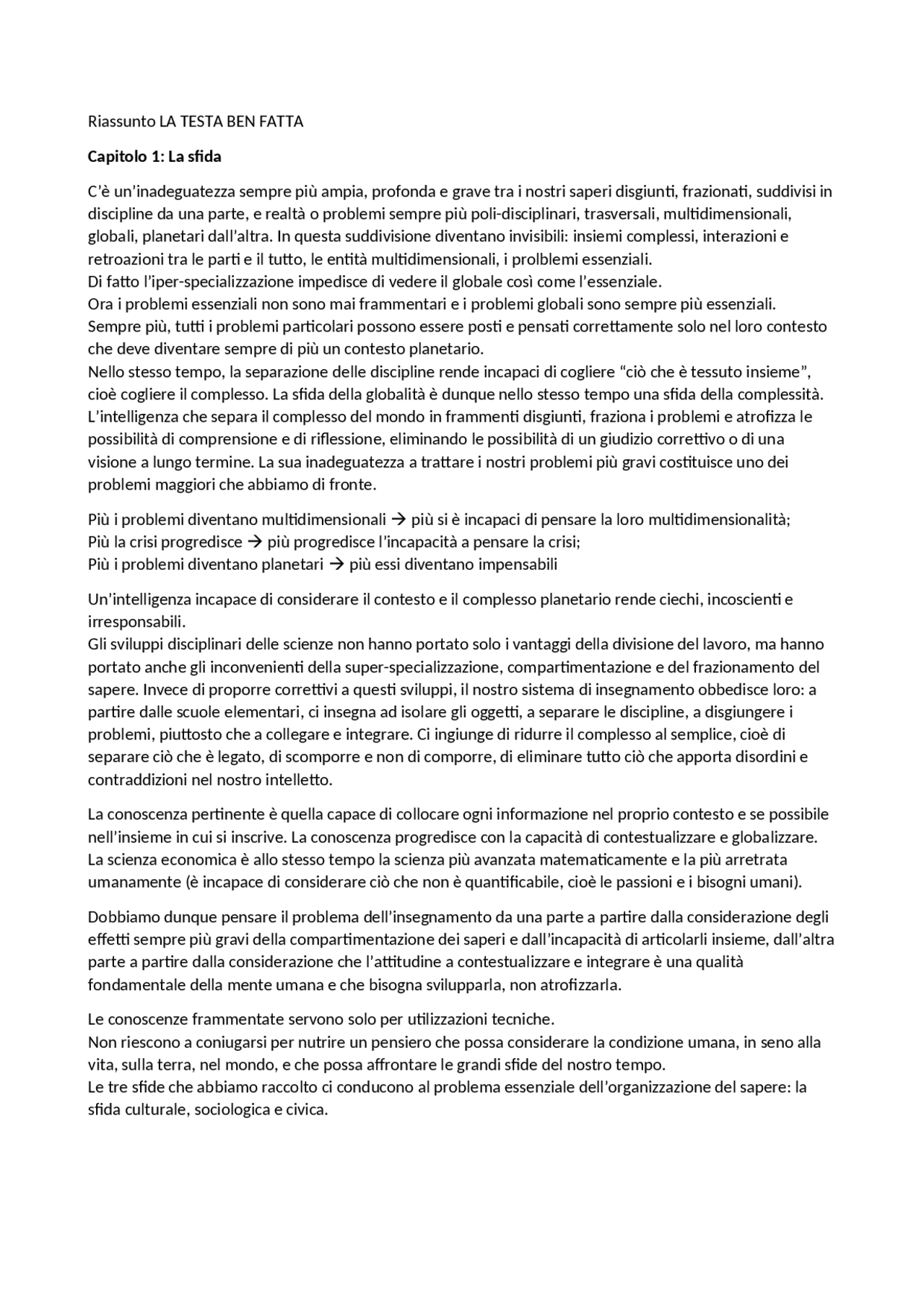 Riassunto La Testa Ben Fatta Docsity