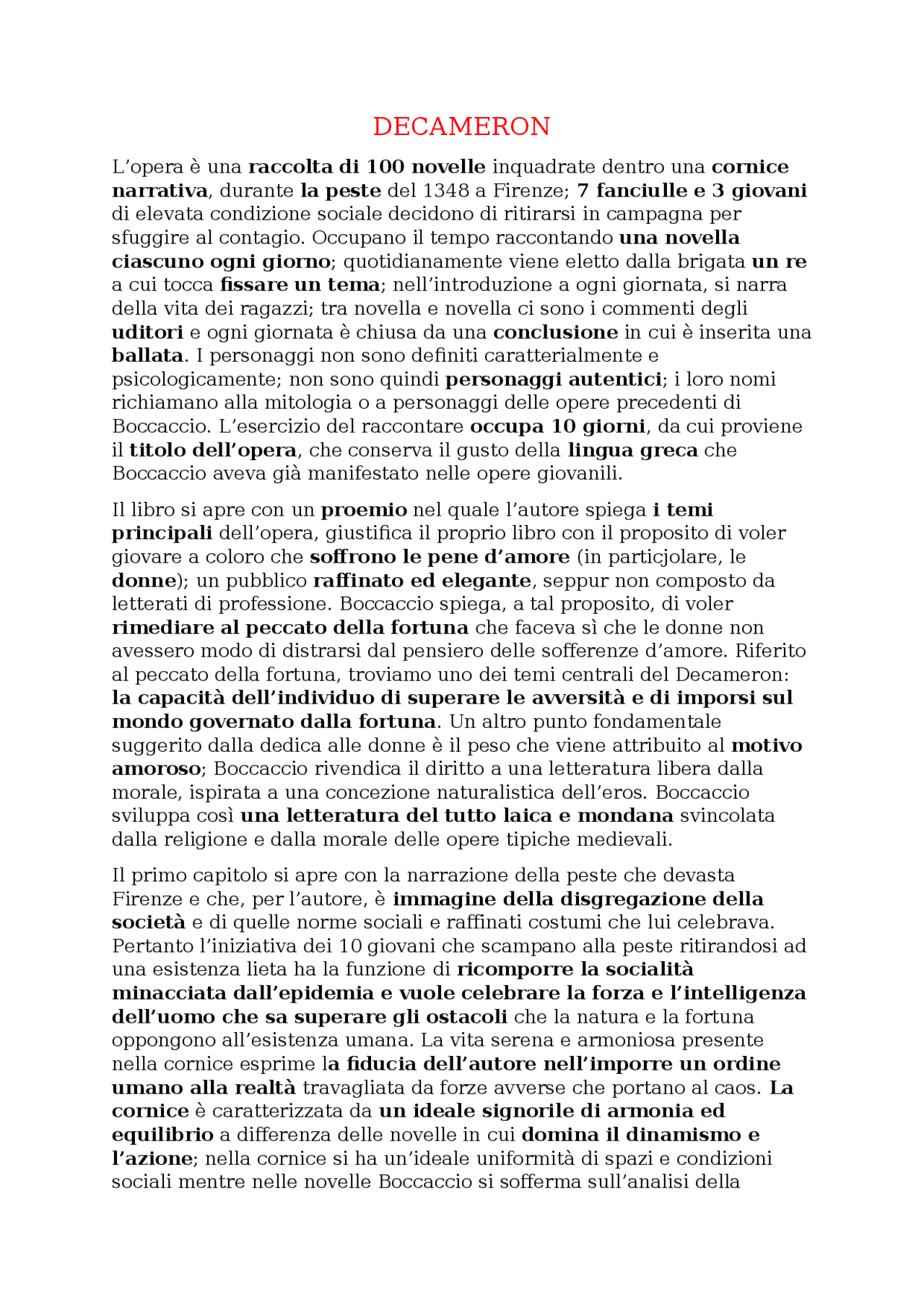 Decameron sintesi dei tratti principali - Docsity
