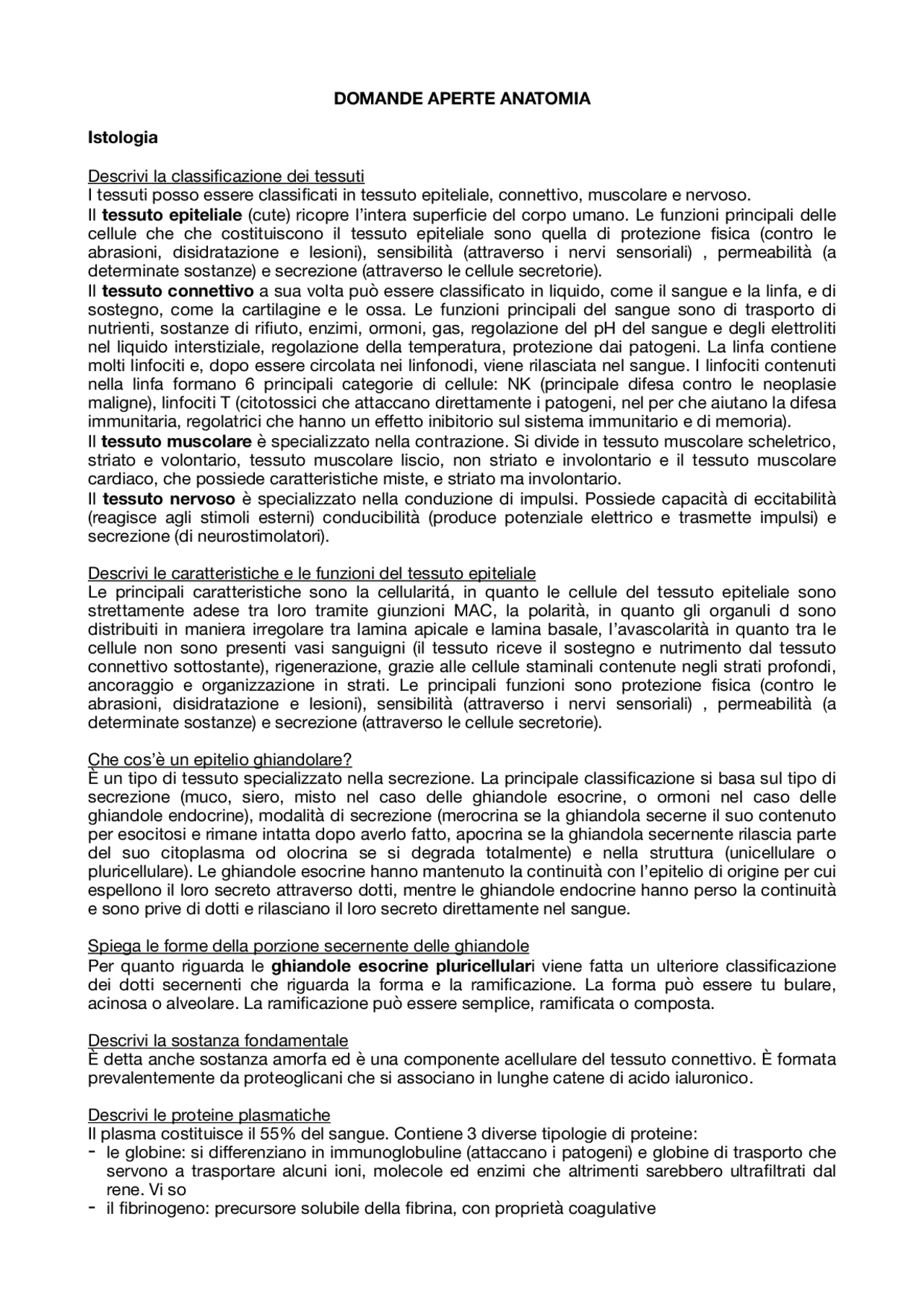 Domande Aperte Anatomia Università Telematica E Campus Docsity