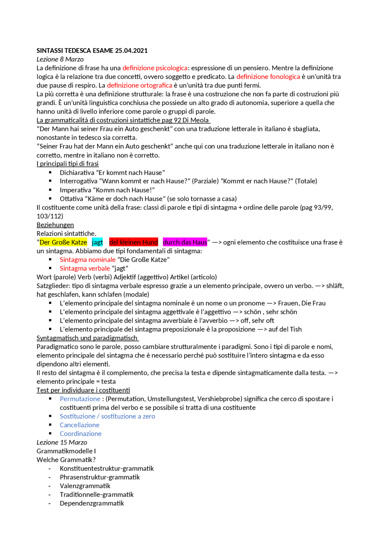 Sintassi Tedesca Appunti Notes De Langue Allemande Docsity