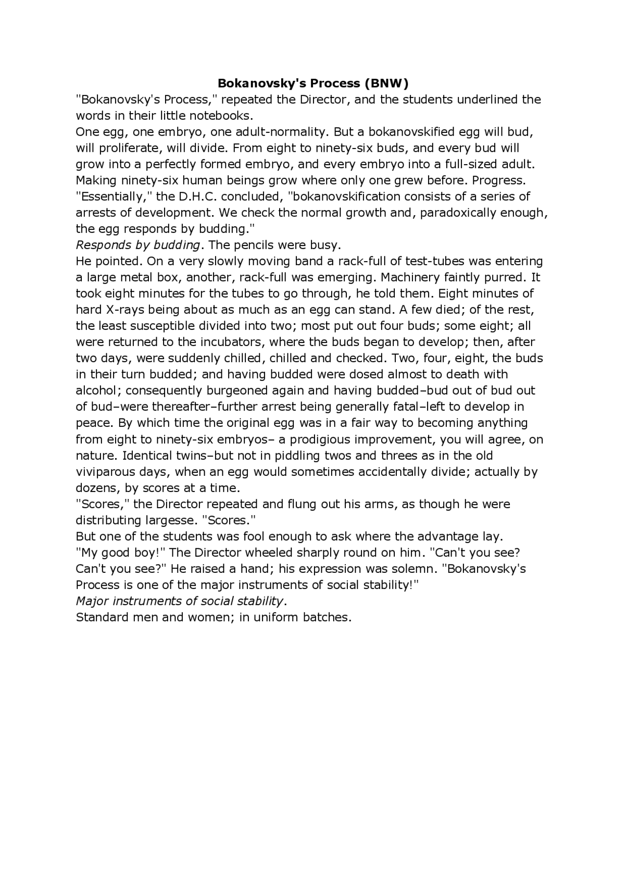Brave New World text bokanovsky's process - Docsity