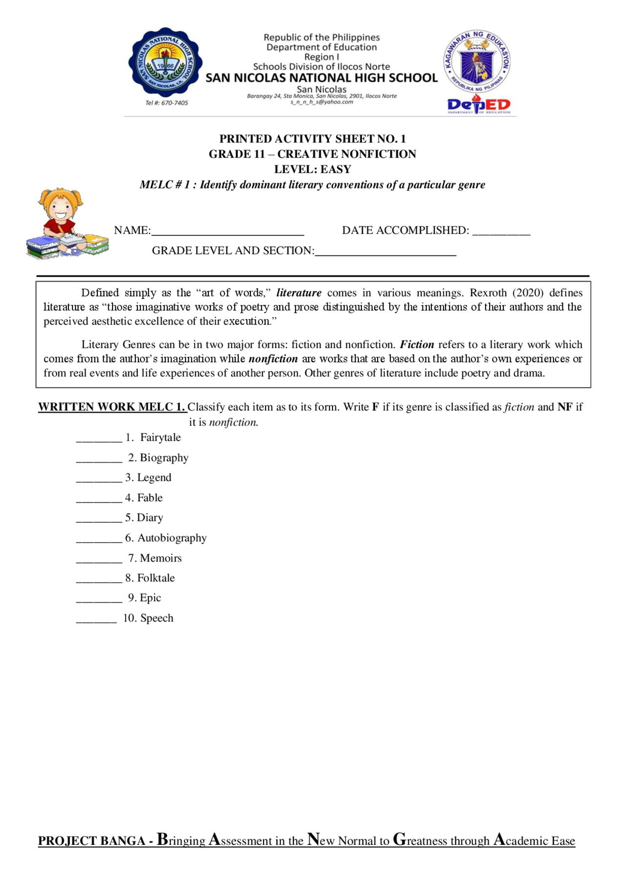 Activity sheets for SHS | Exams English | Docsity