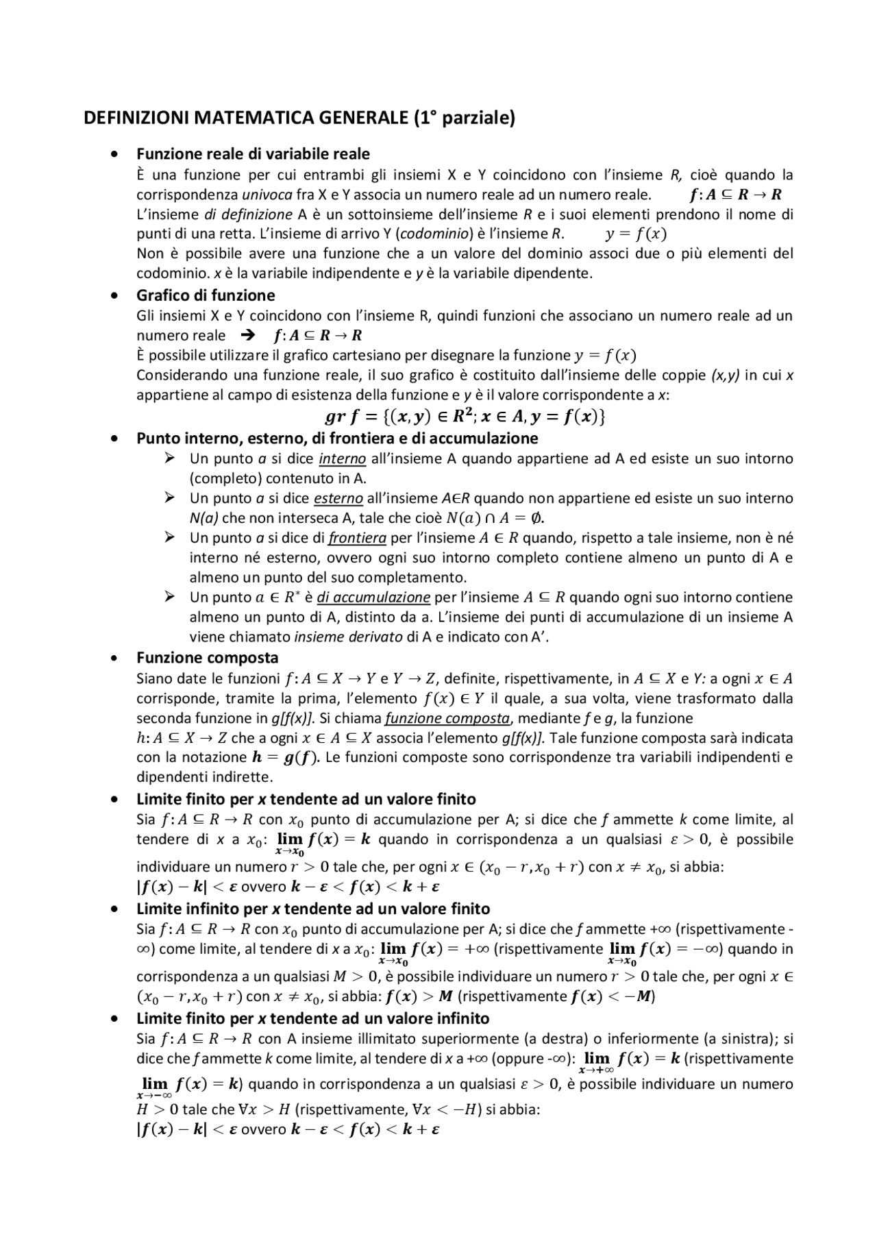 Definizioni e Formule Matematica Generale - Docsity