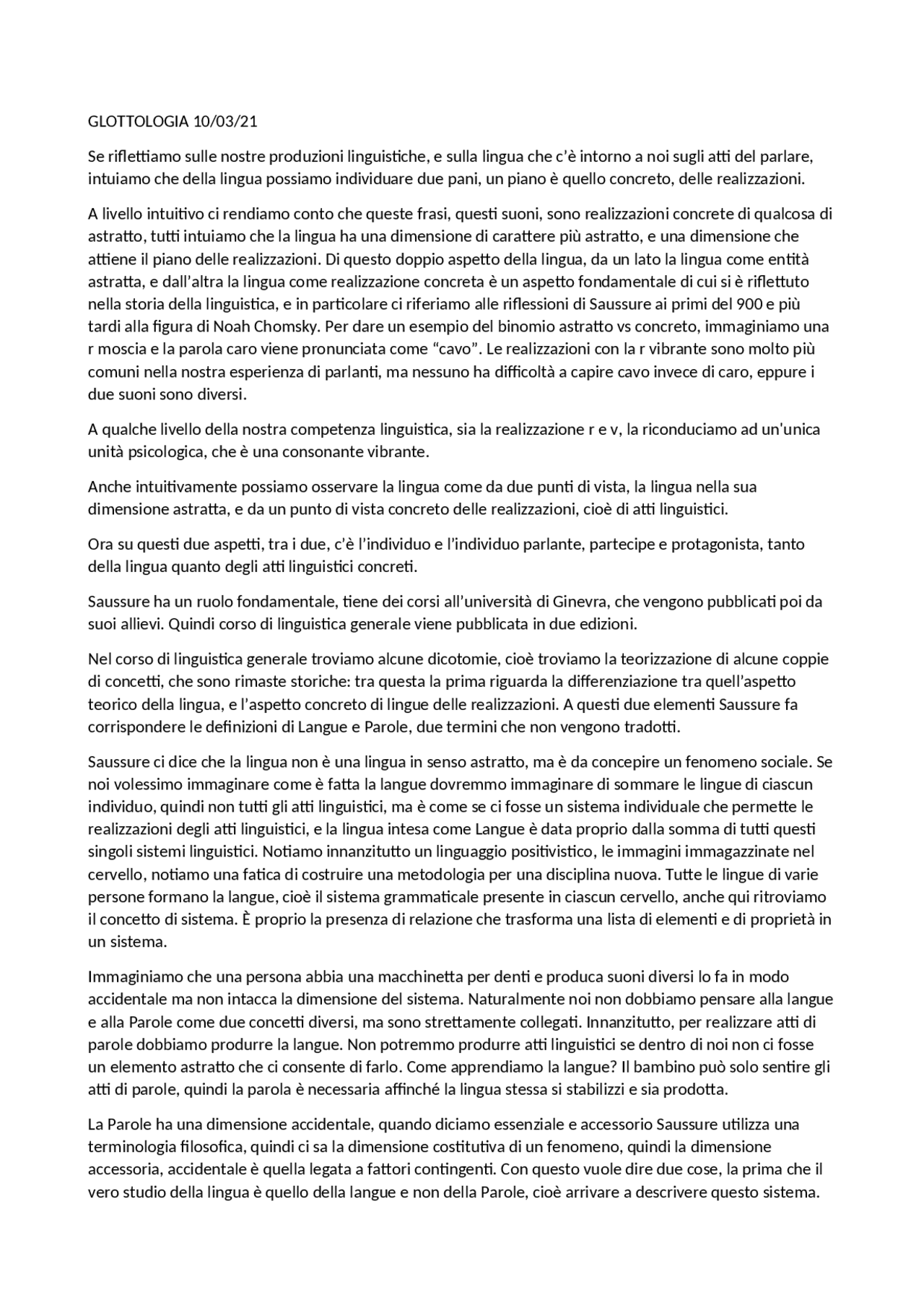 Linguistica Generale Saussure E Chomsky Docsity