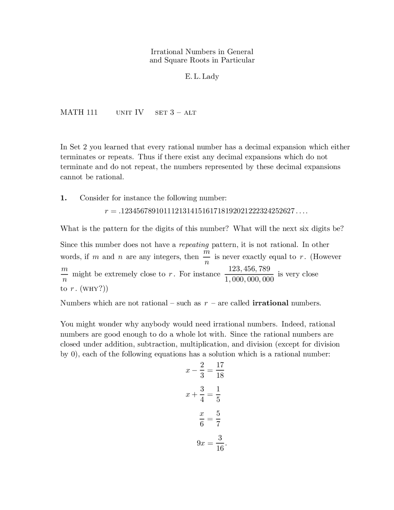 Irrational Numbers in General and Square Roots in Particular - Docsity