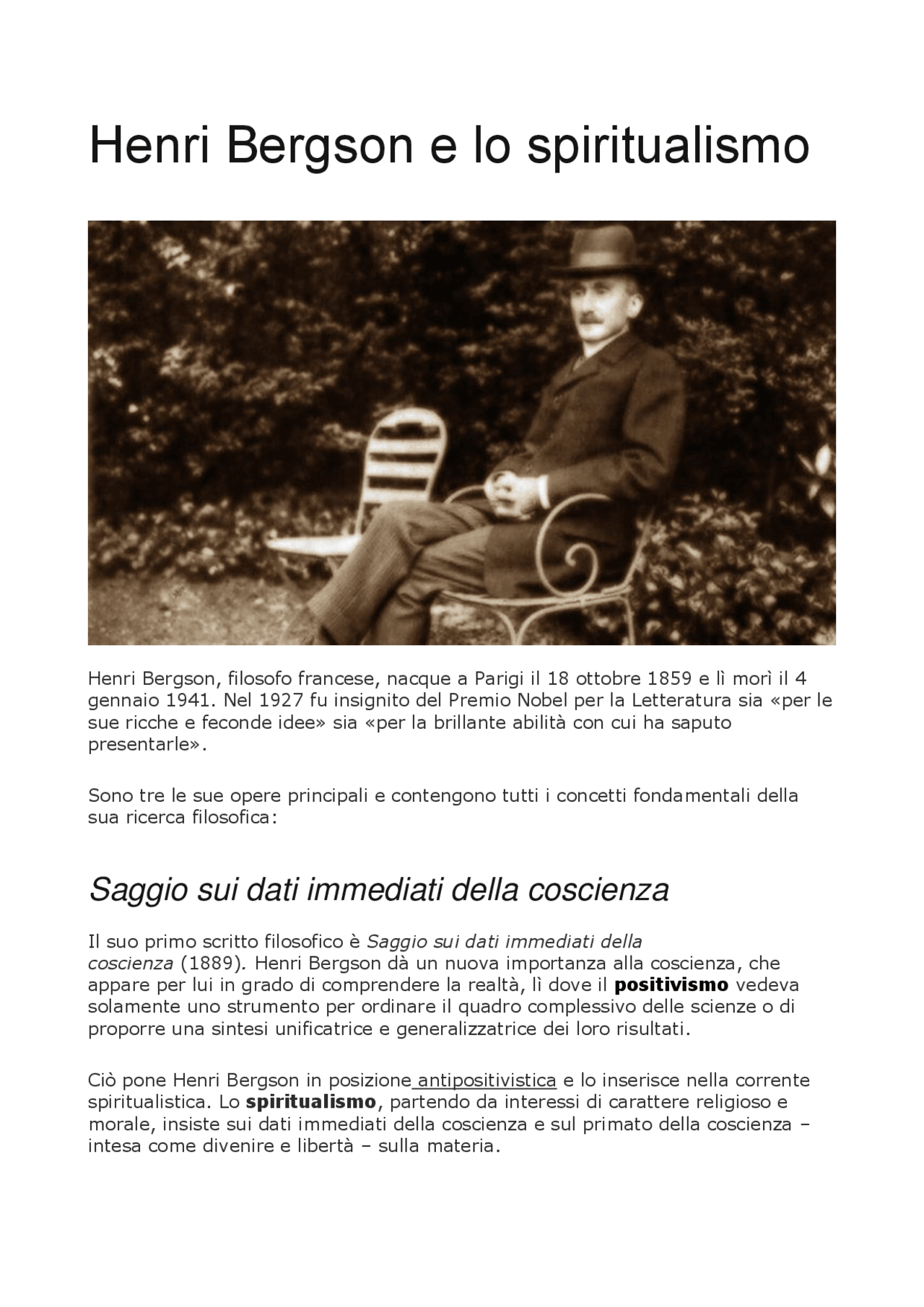 Henri Bergson e lo spiritualismo - Docsity