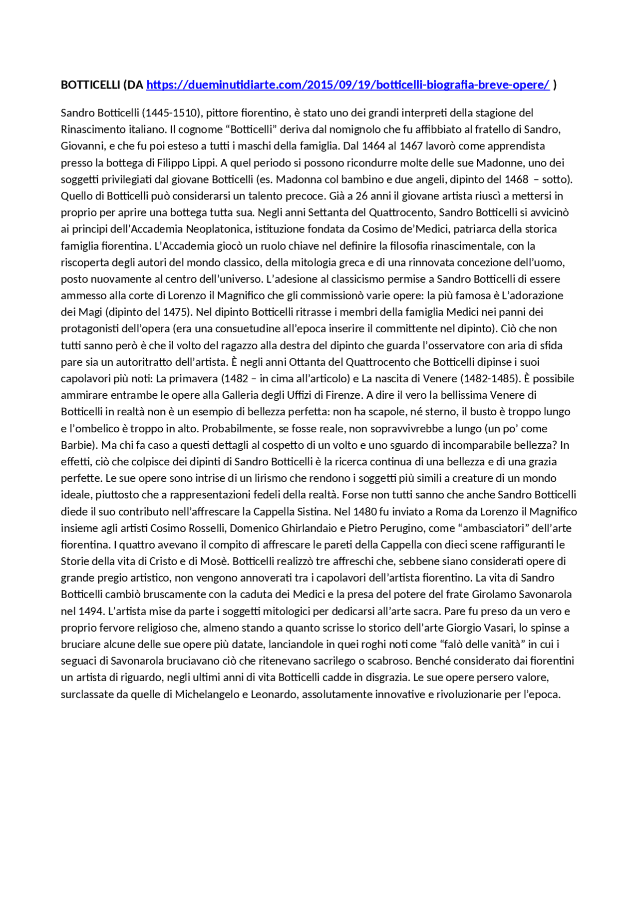 RIASSUNTO BOTTICELLI - Docsity