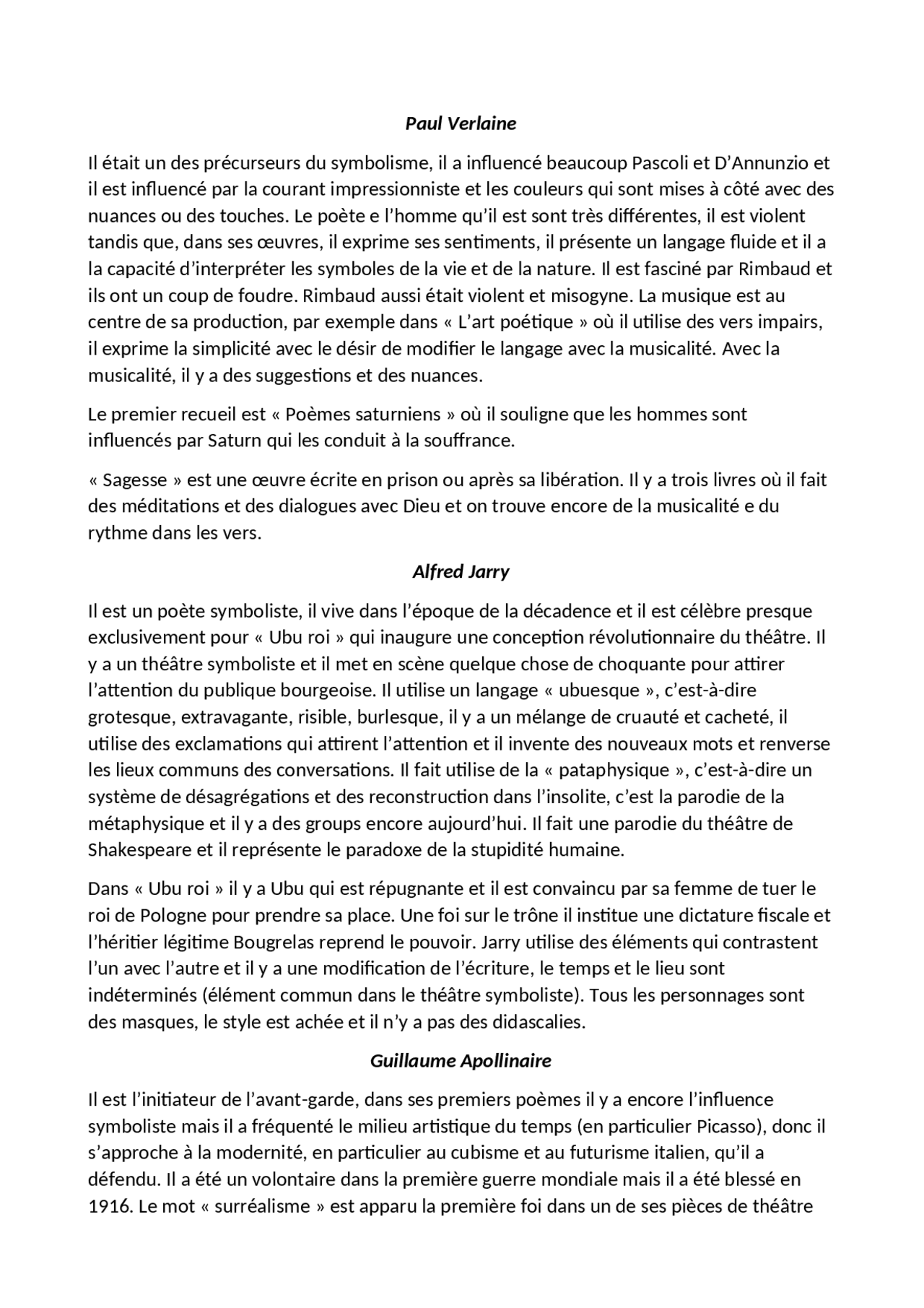 Verlaine Jarry Apollinaire Proust Docsity