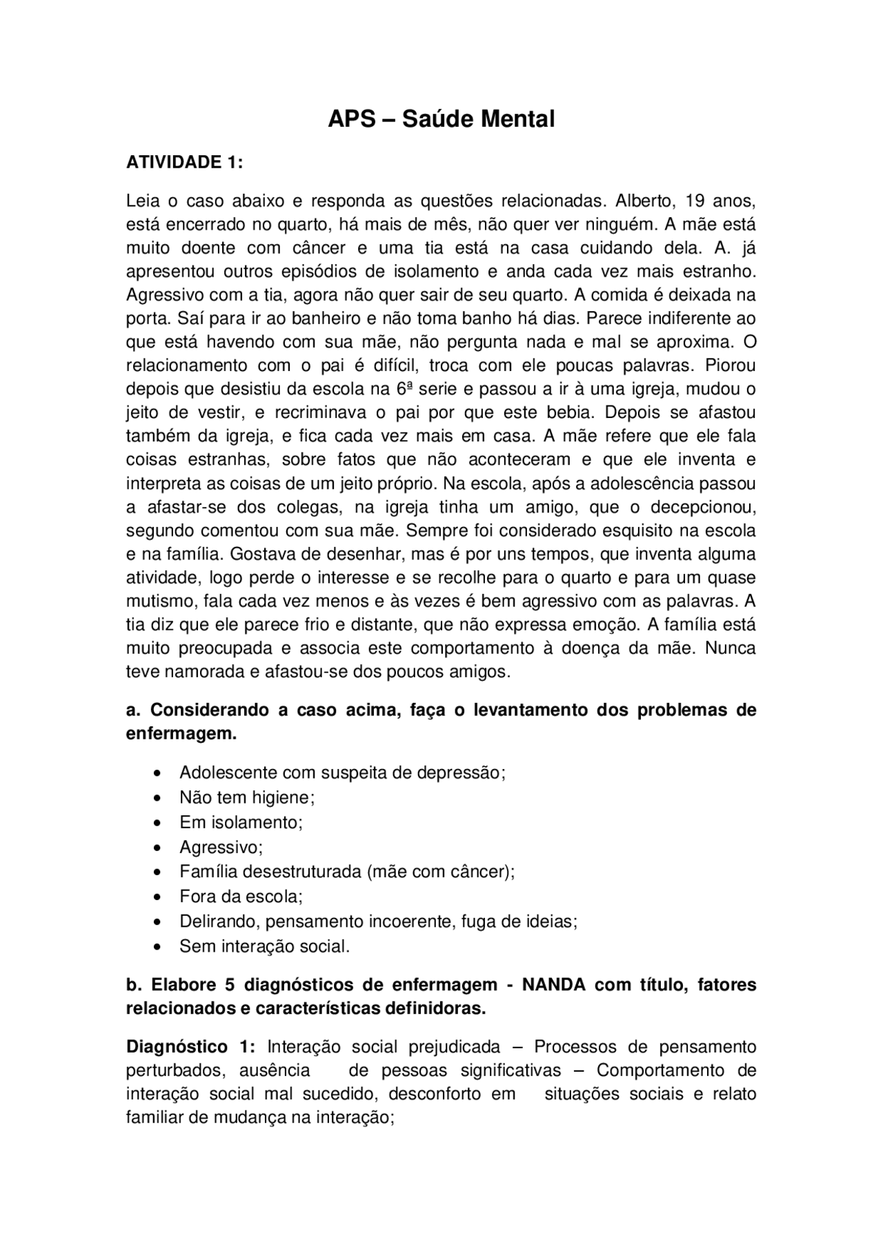 APS - Saúde Mental - Exercício para nota - Docsity