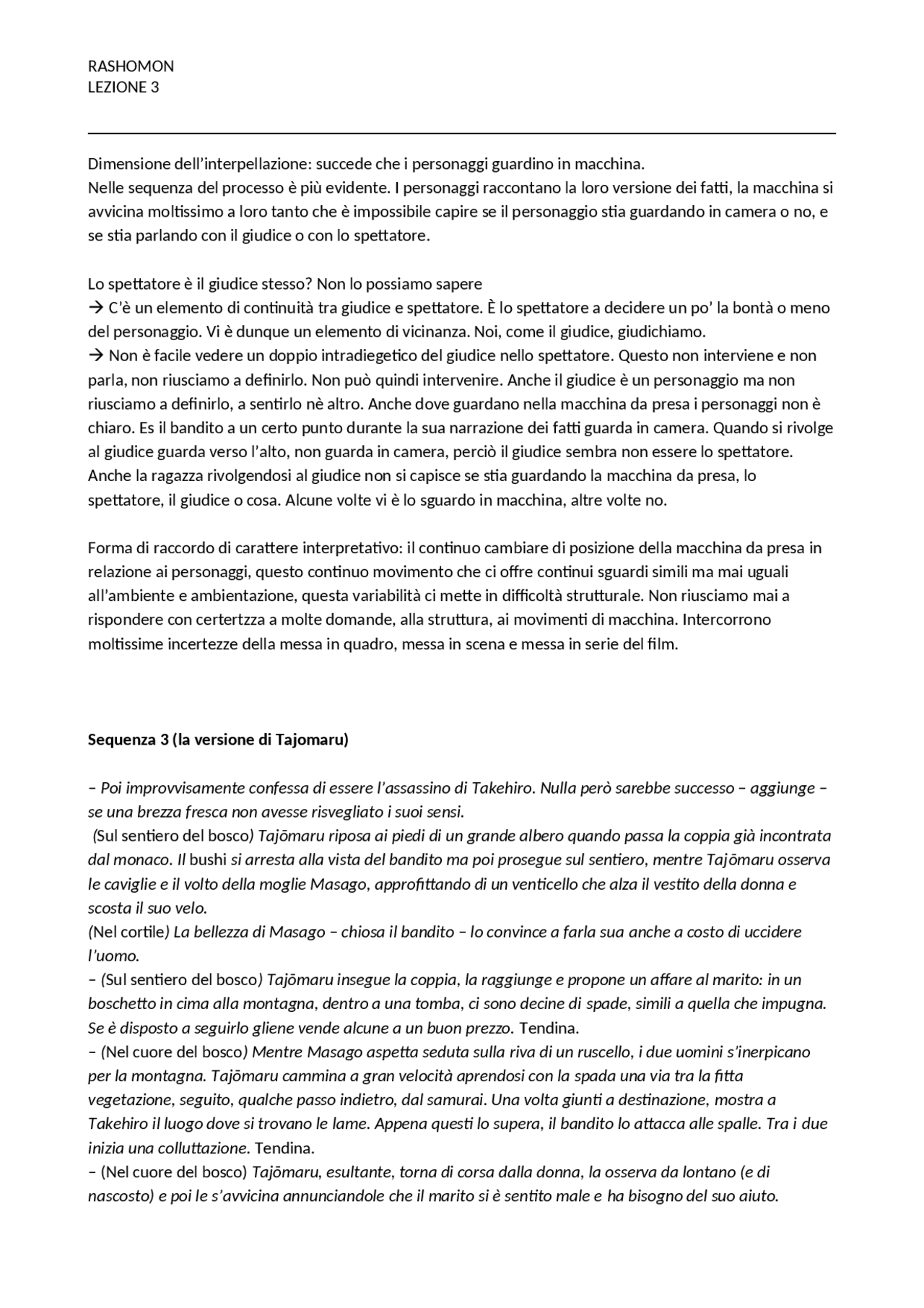 Appunti Terza Lezione Su Rashomon Con Docente Marco Dalla Gassa Docsity