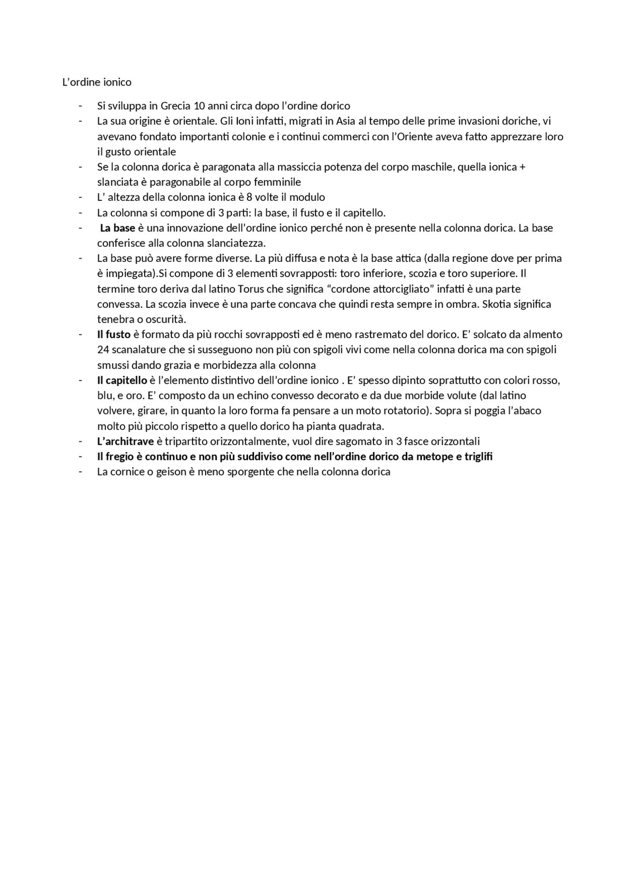 La colonna ionica: caratteristiche - Docsity