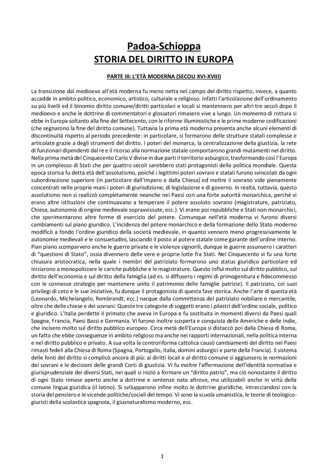 Storia Del Diritto In Europa Padoa Schioppa Docsity