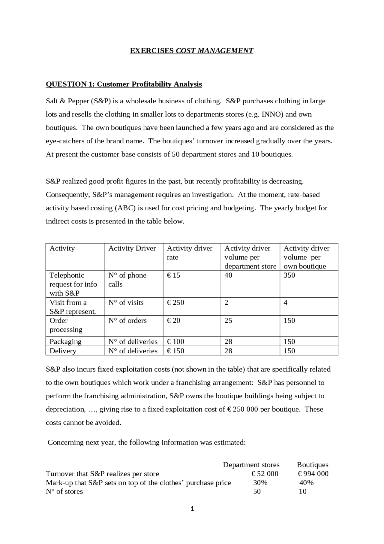 Cost Management Exercises Docsity