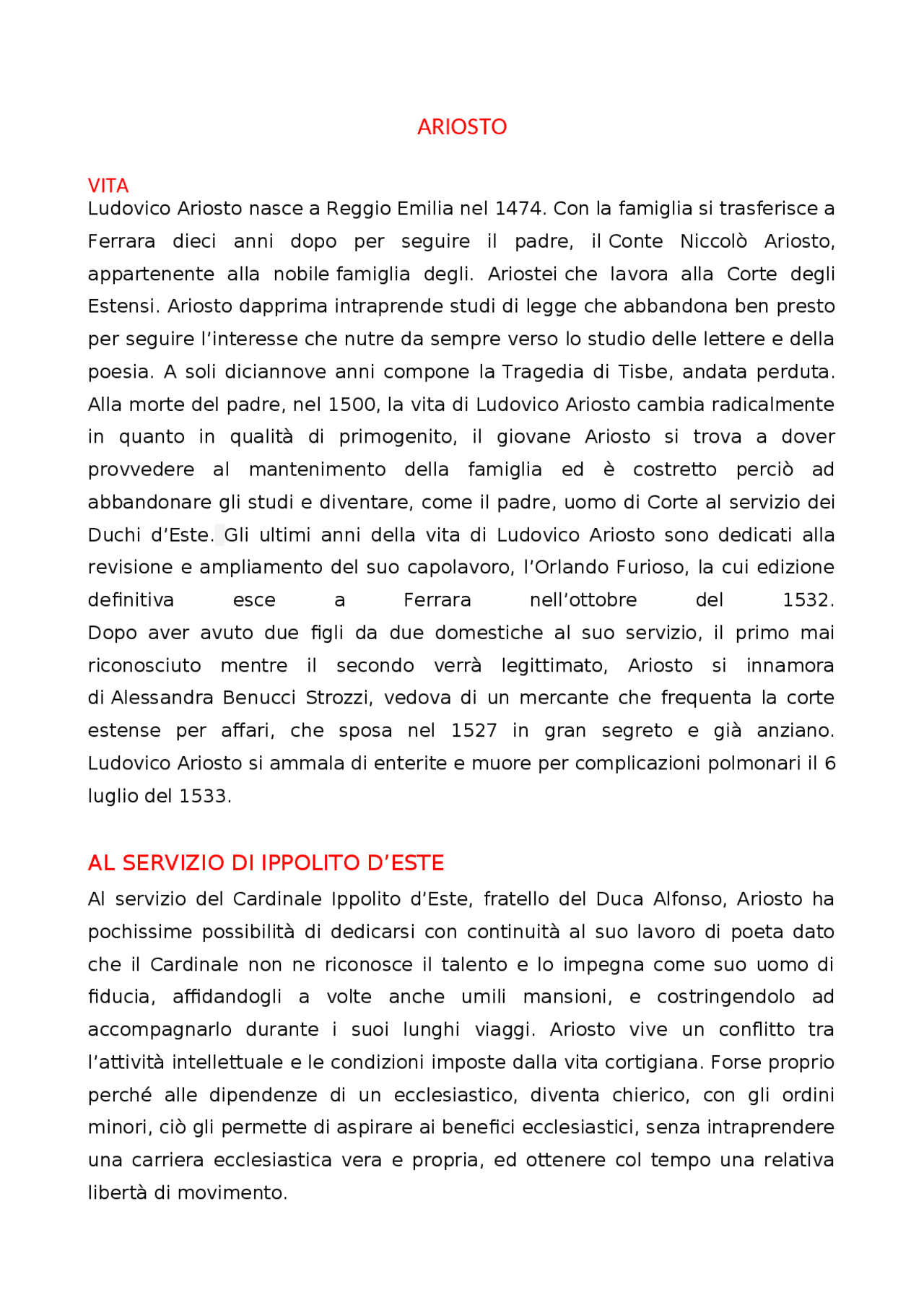 Ariosto appunti vita e opere | Appunti di Italiano - Docsity