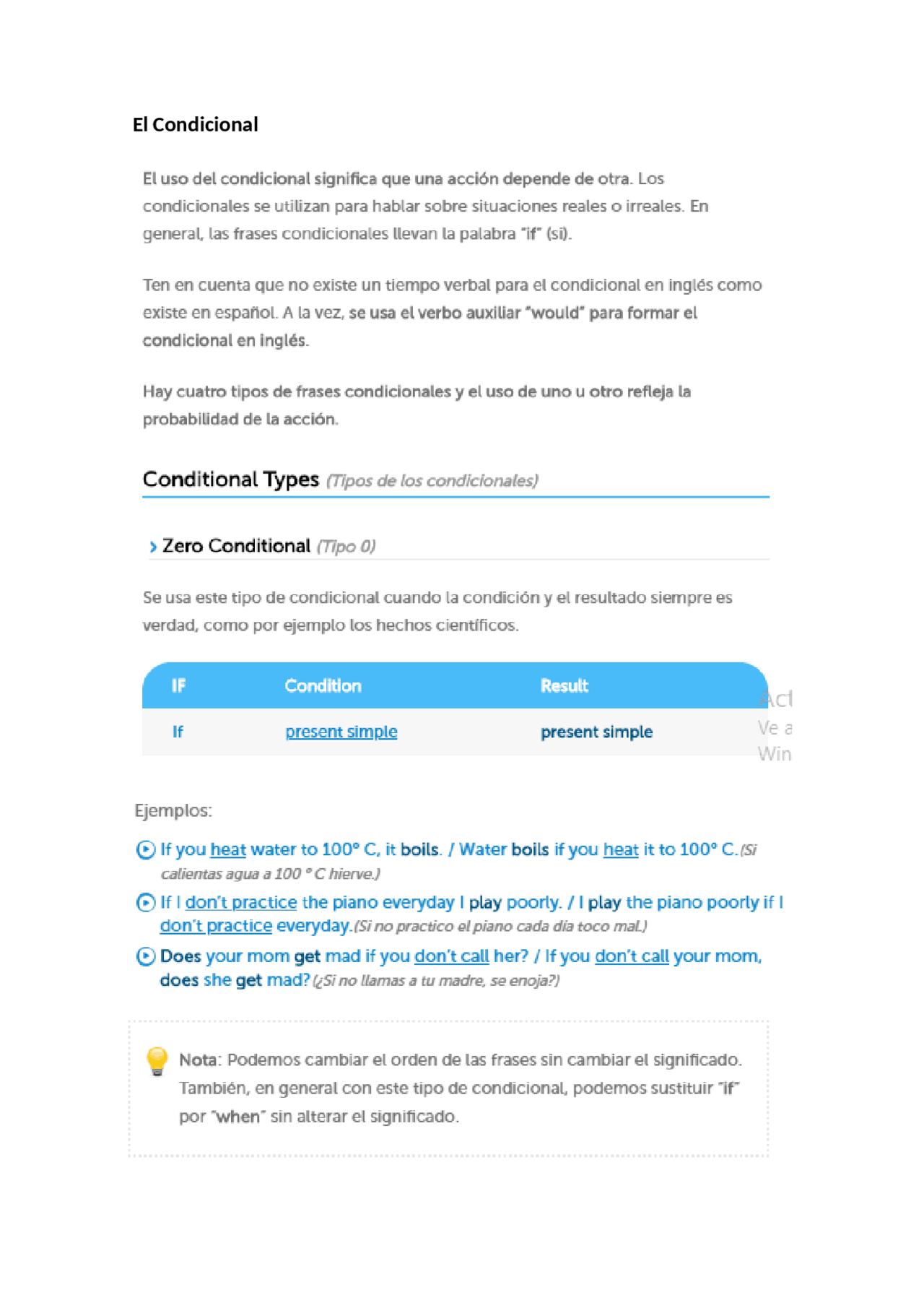 El condicional en inglés - Docsity