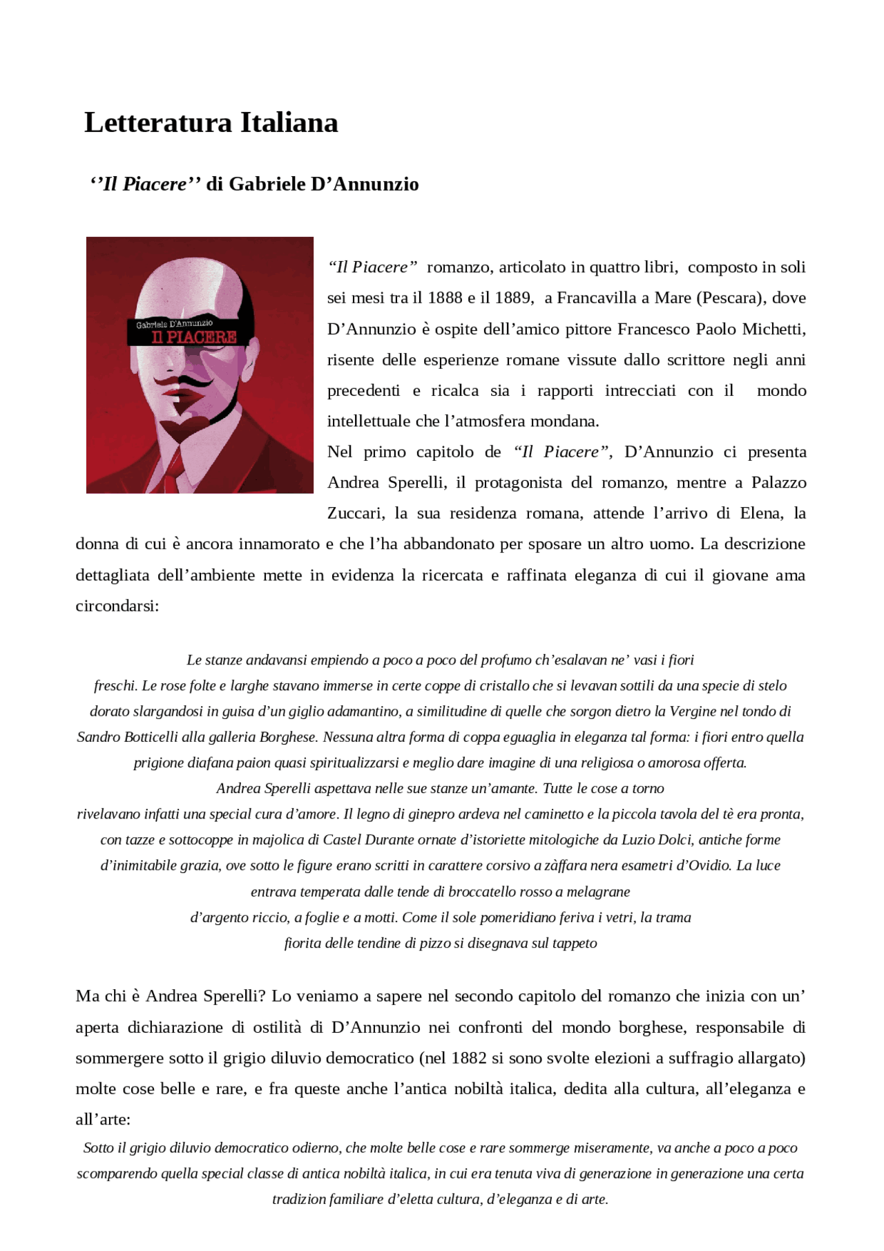 Il Piacere Di Gabriele Dannunzio Dispense Di Italiano Docsity