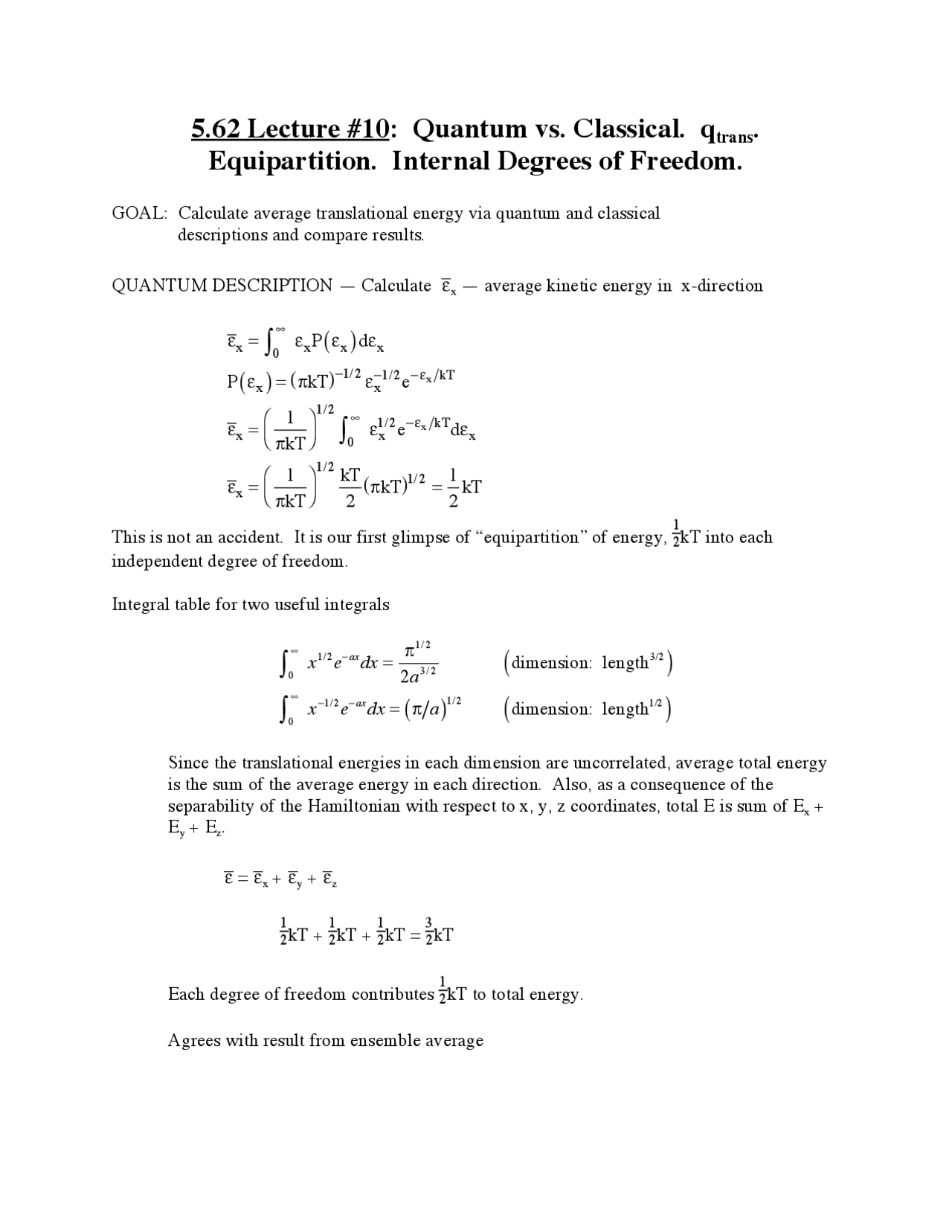 Quantum vs. Classical Qtrans - Physical Chemistry II - Docsity