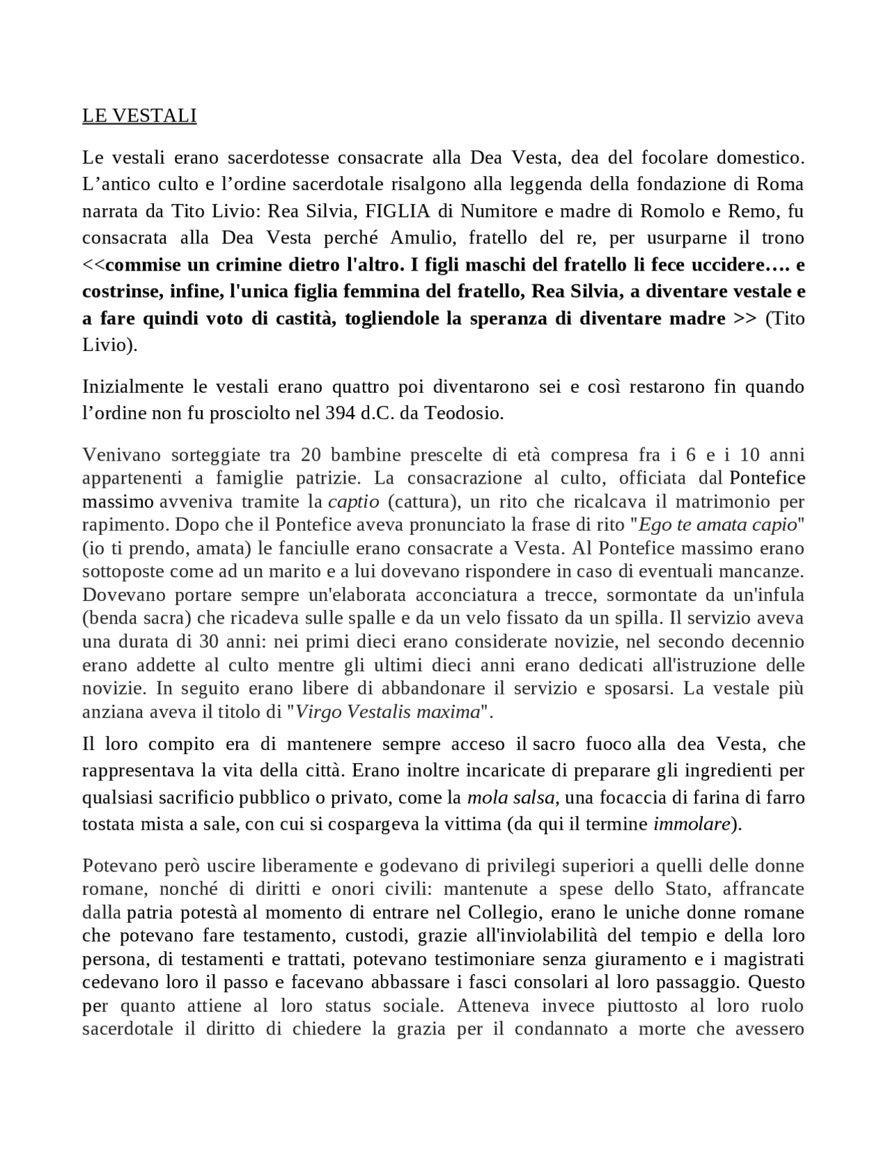 Le vestali e il loro ruolo - Docsity