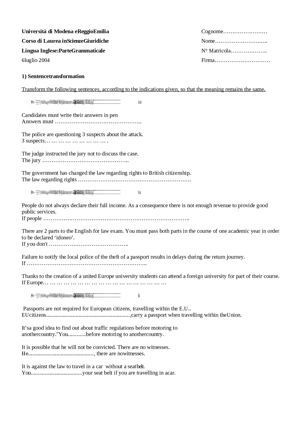Esercizi Idoneità Parte Grammaticale Docsity