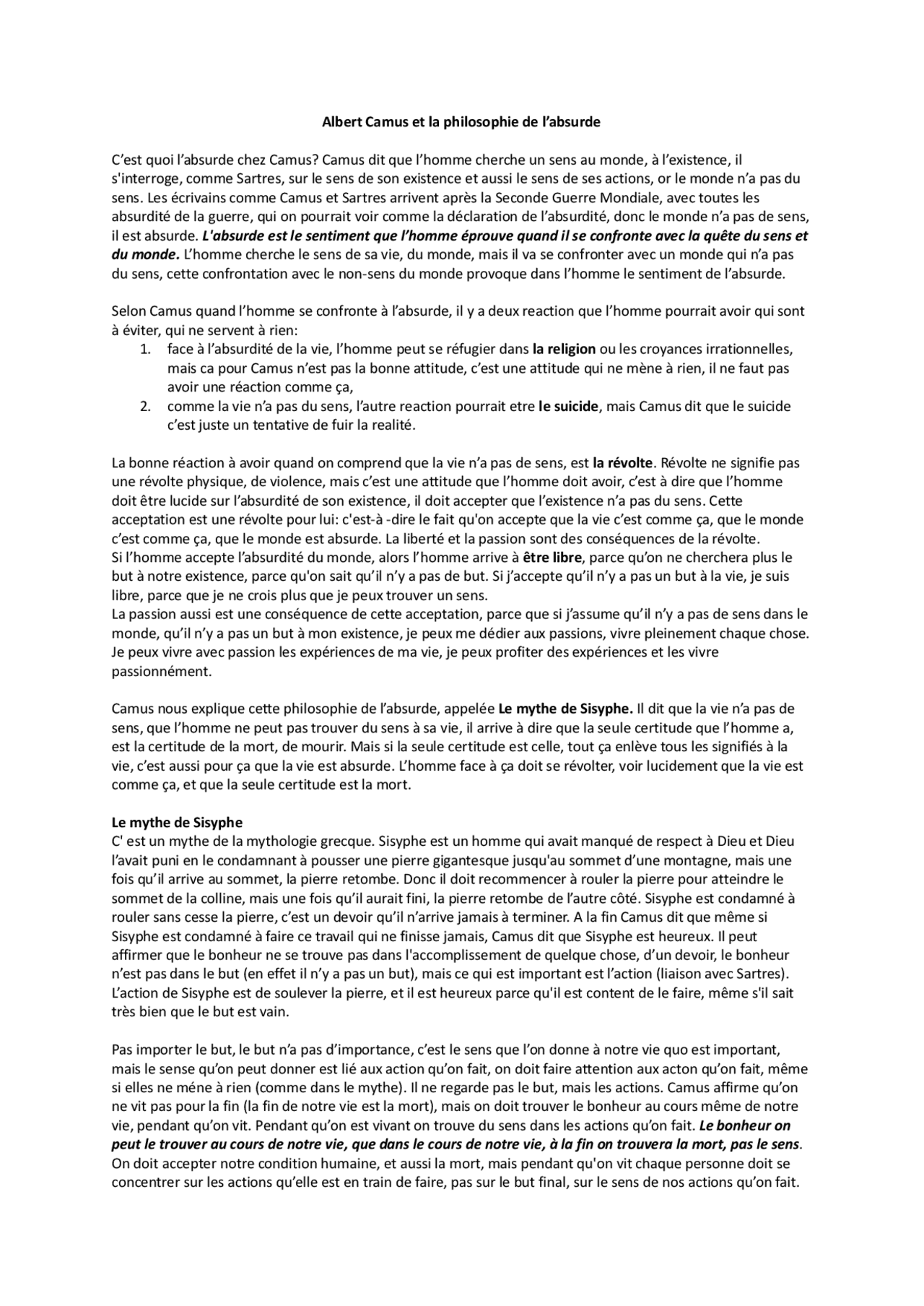 Albert Camus et la philosophie de l'absurde - Docsity