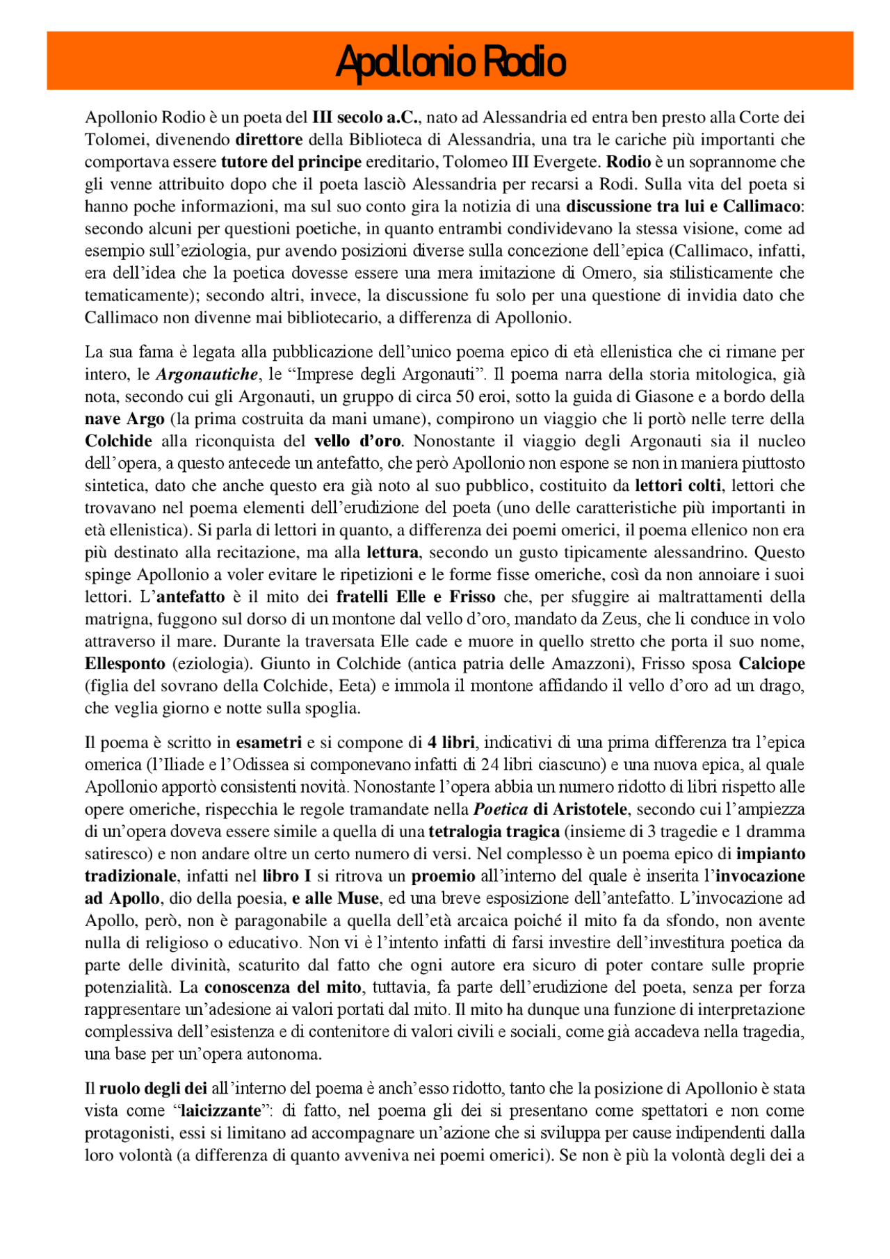 Apollonio Rodio - Argonautiche - Docsity