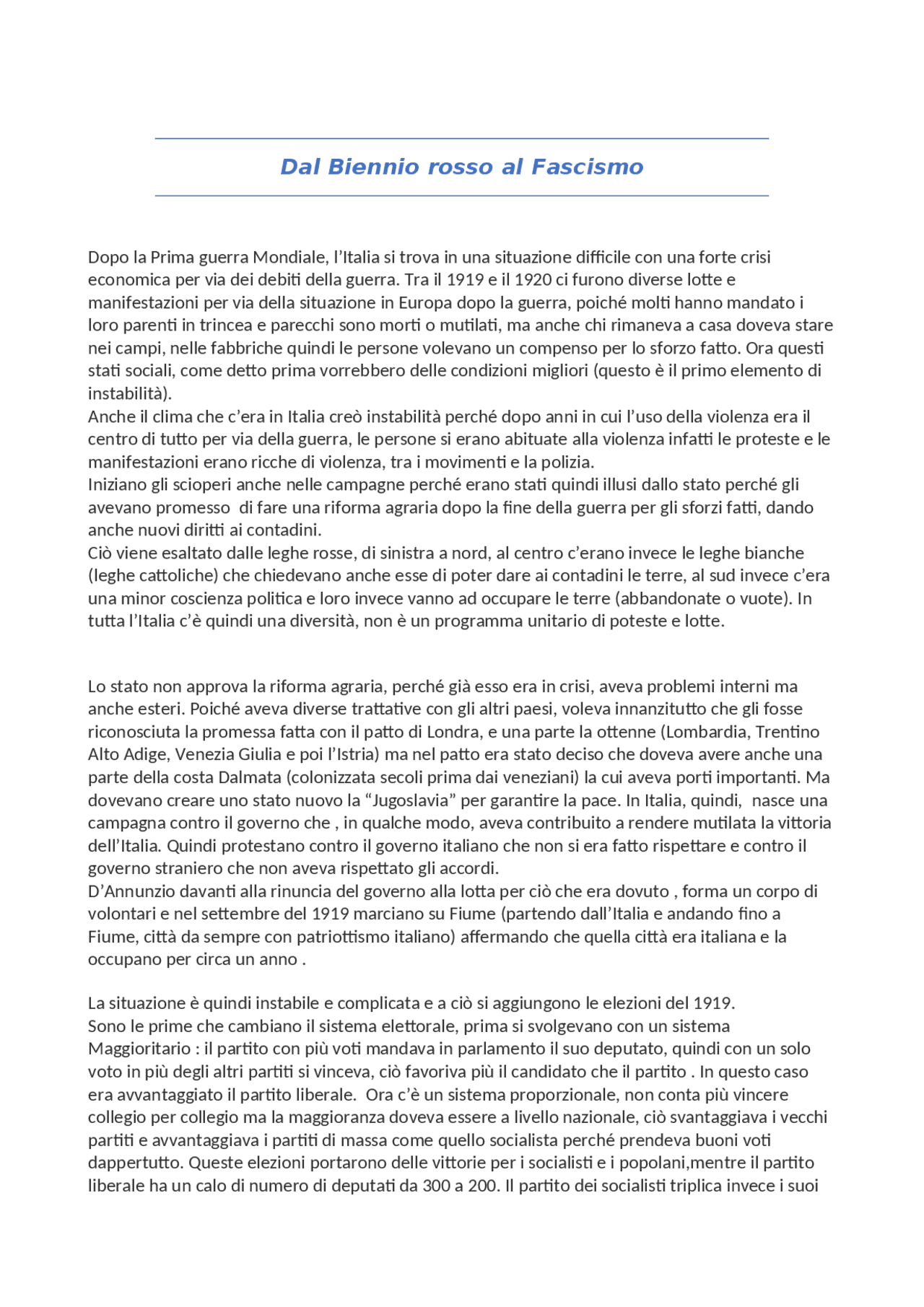 Dal Biennio Rosso Al Fascismo Docsity