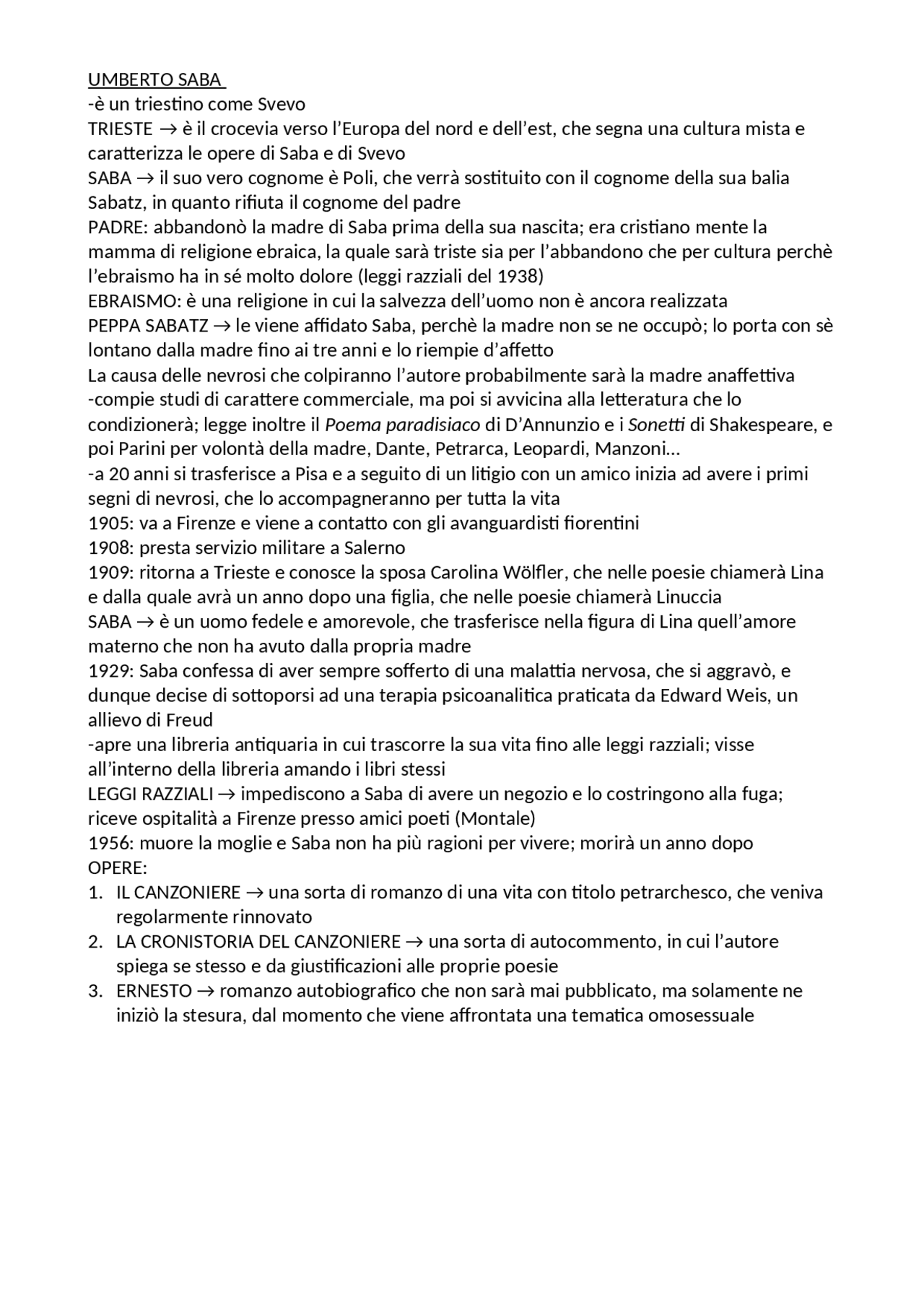 Umberto Saba Appunti Italiano Docsity