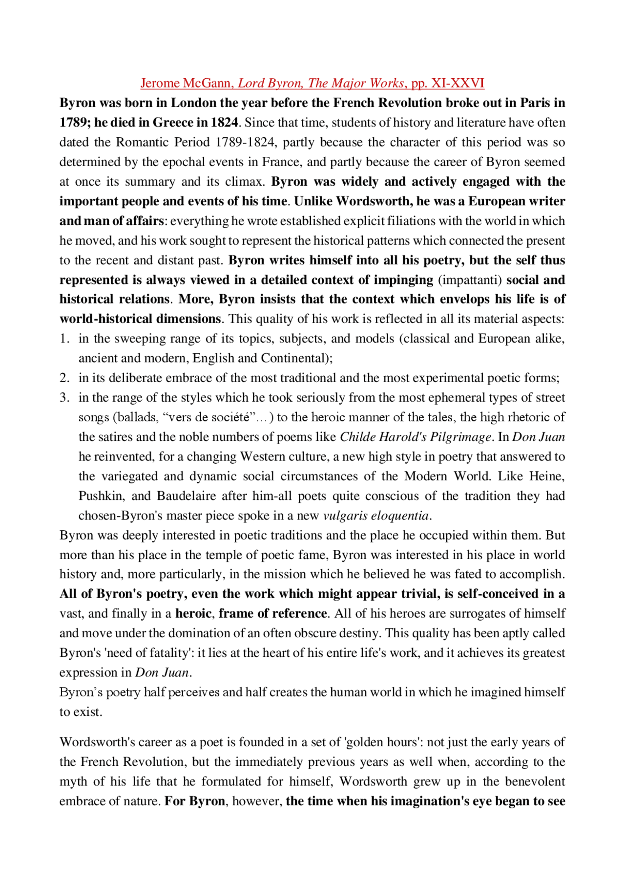 Riassunto Introduction In Lord Byron The Major Works Mcgann