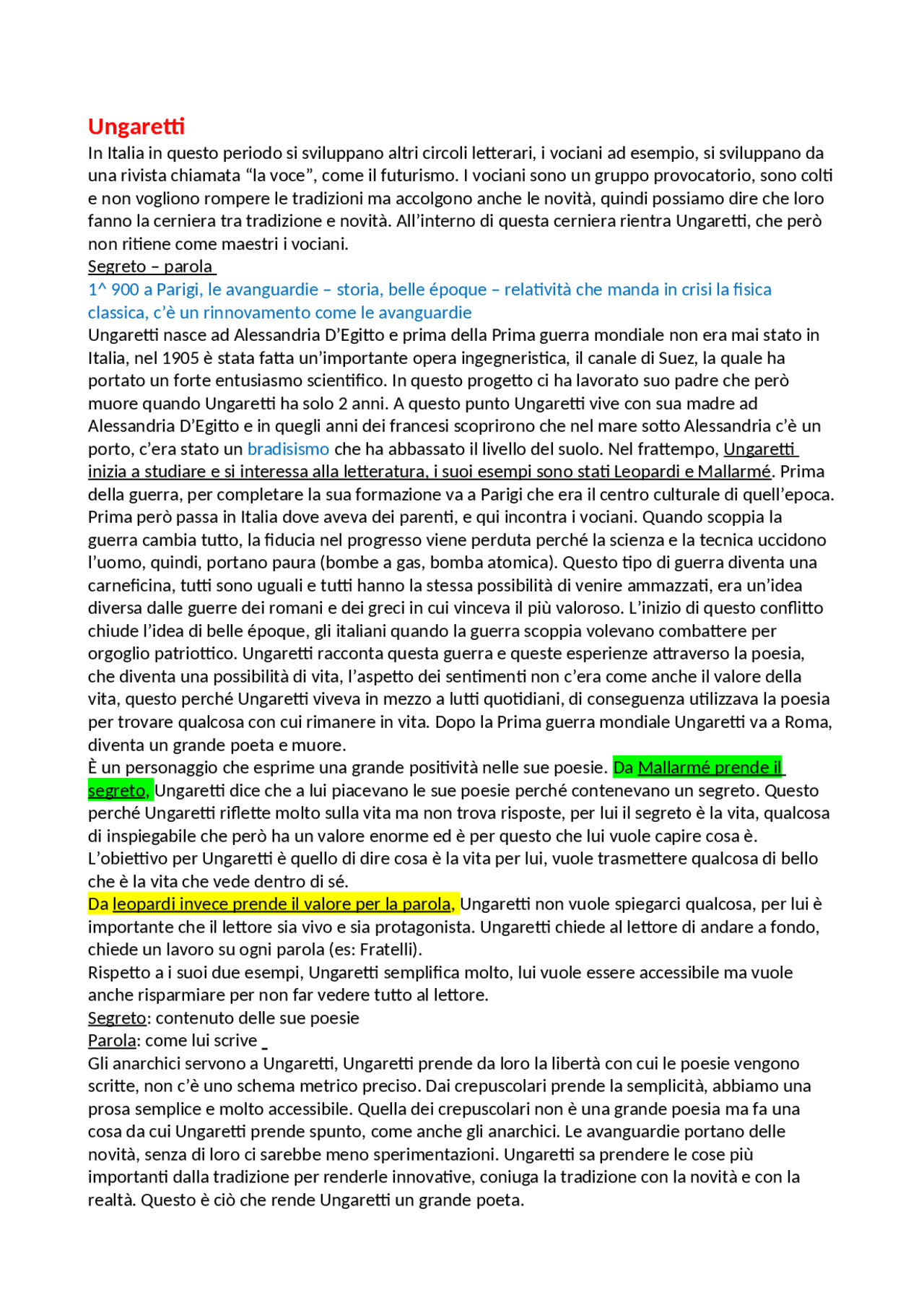 Ungaretti Vita E Opere Docsity