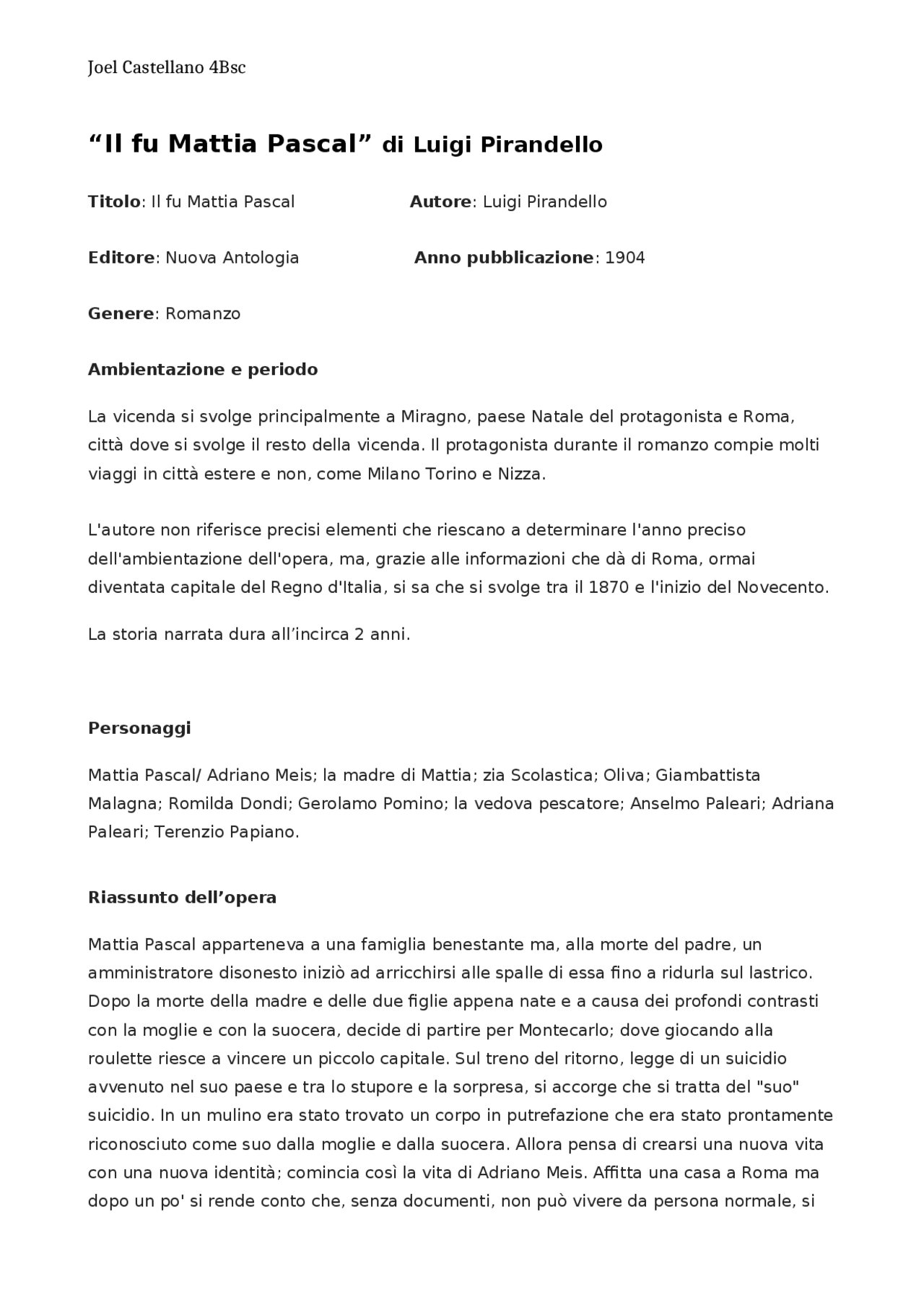Analisi Libro Il Fu Mattia Pascal Docsity