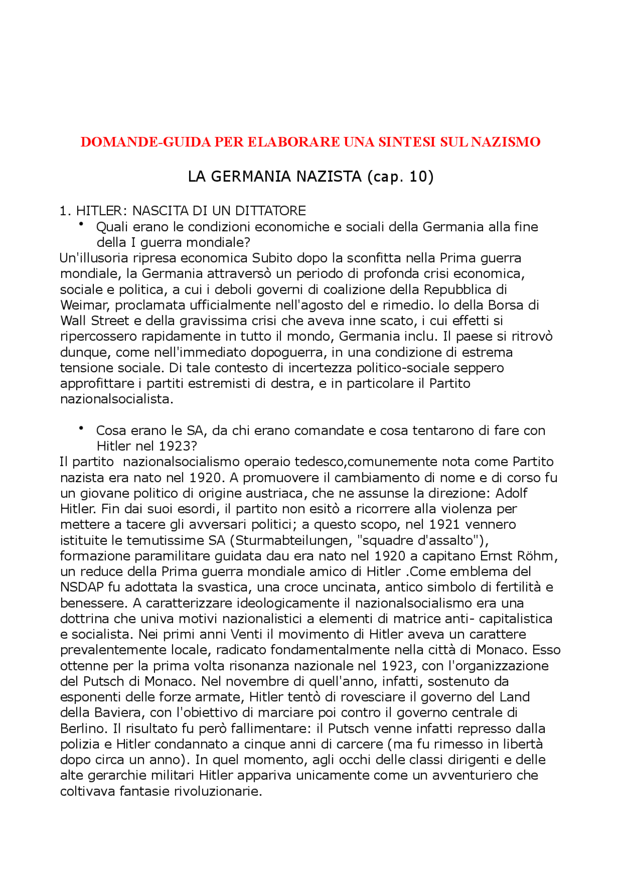 Nazismo Riassunto Semplice Dispense Di Storia Docsity