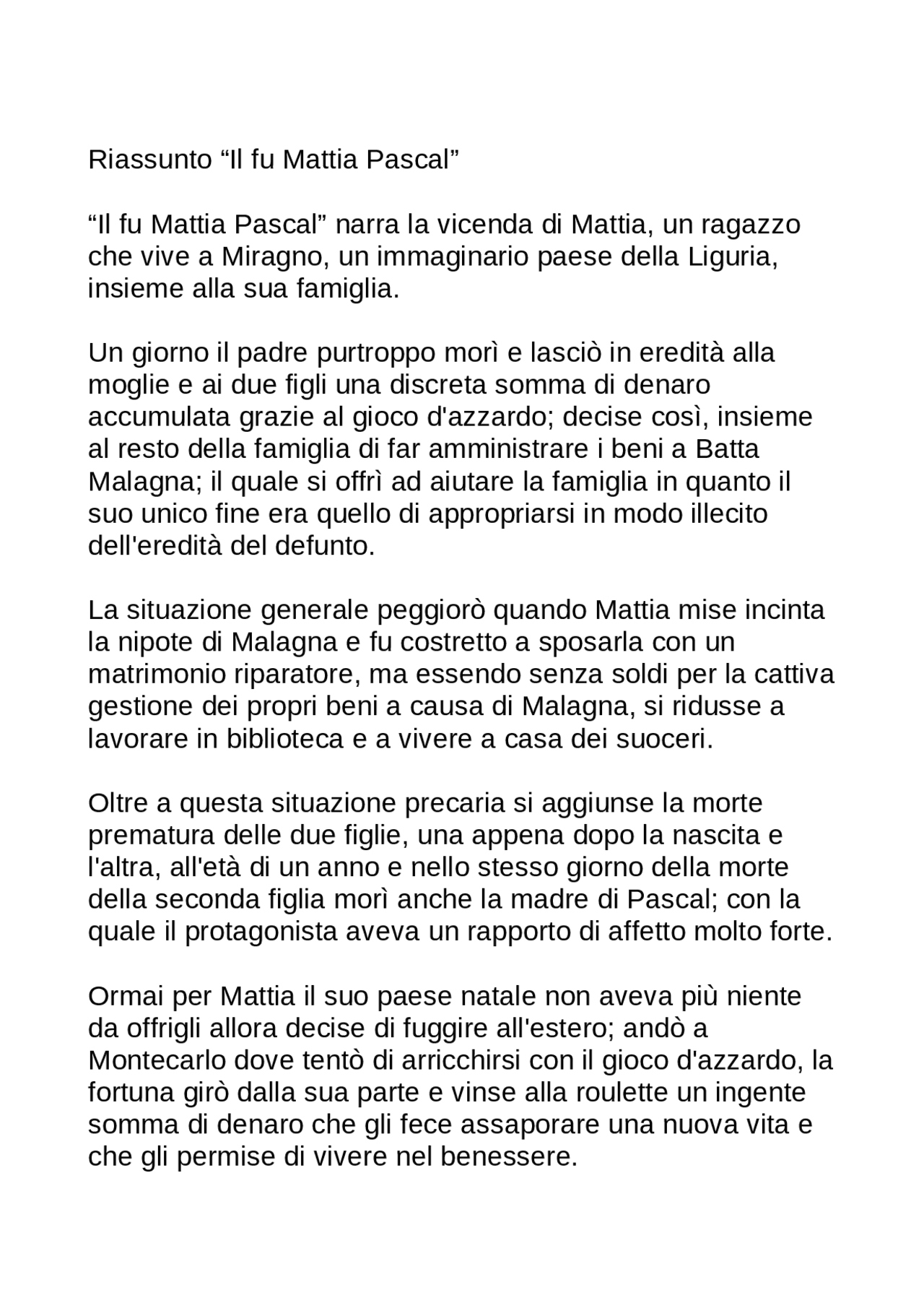 Il Fu Mattia Pascal Riassunto Efficace Docsity