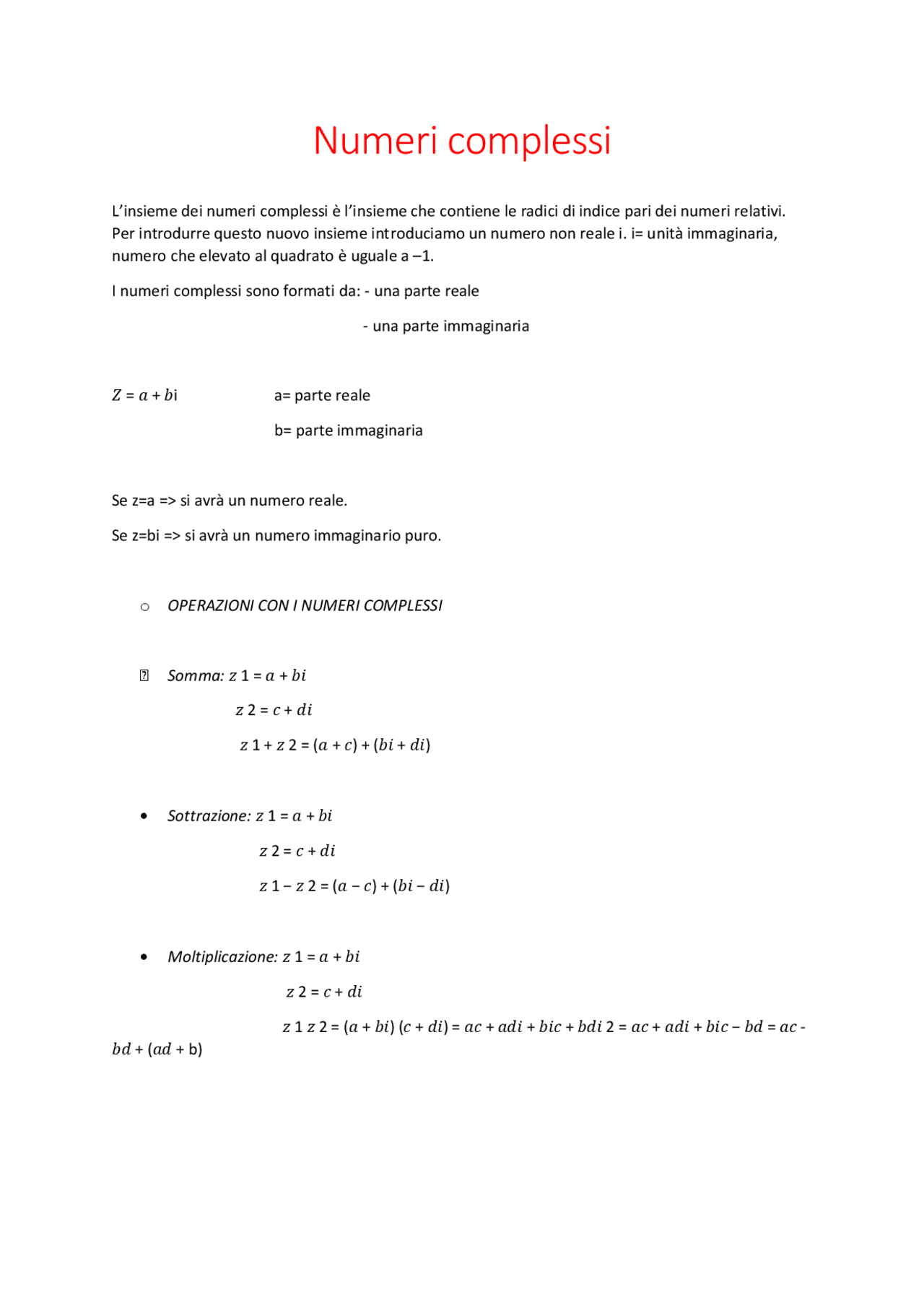 Numeri Complessi Matematica Docsity