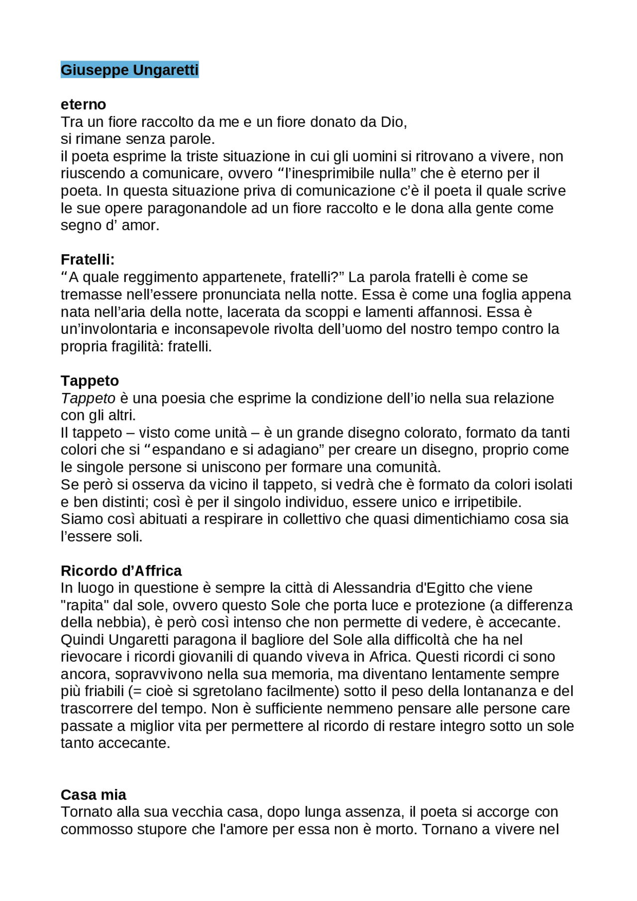 Spiegazione Di Alcune Poesie Di Ungaretti Docsity