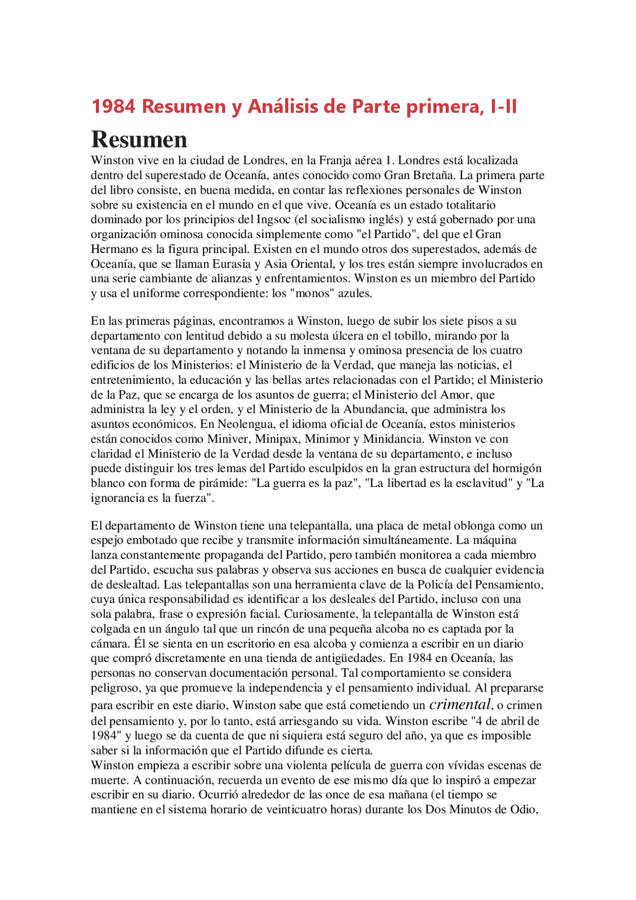 Resumen 1984 de george orwell - Docsity