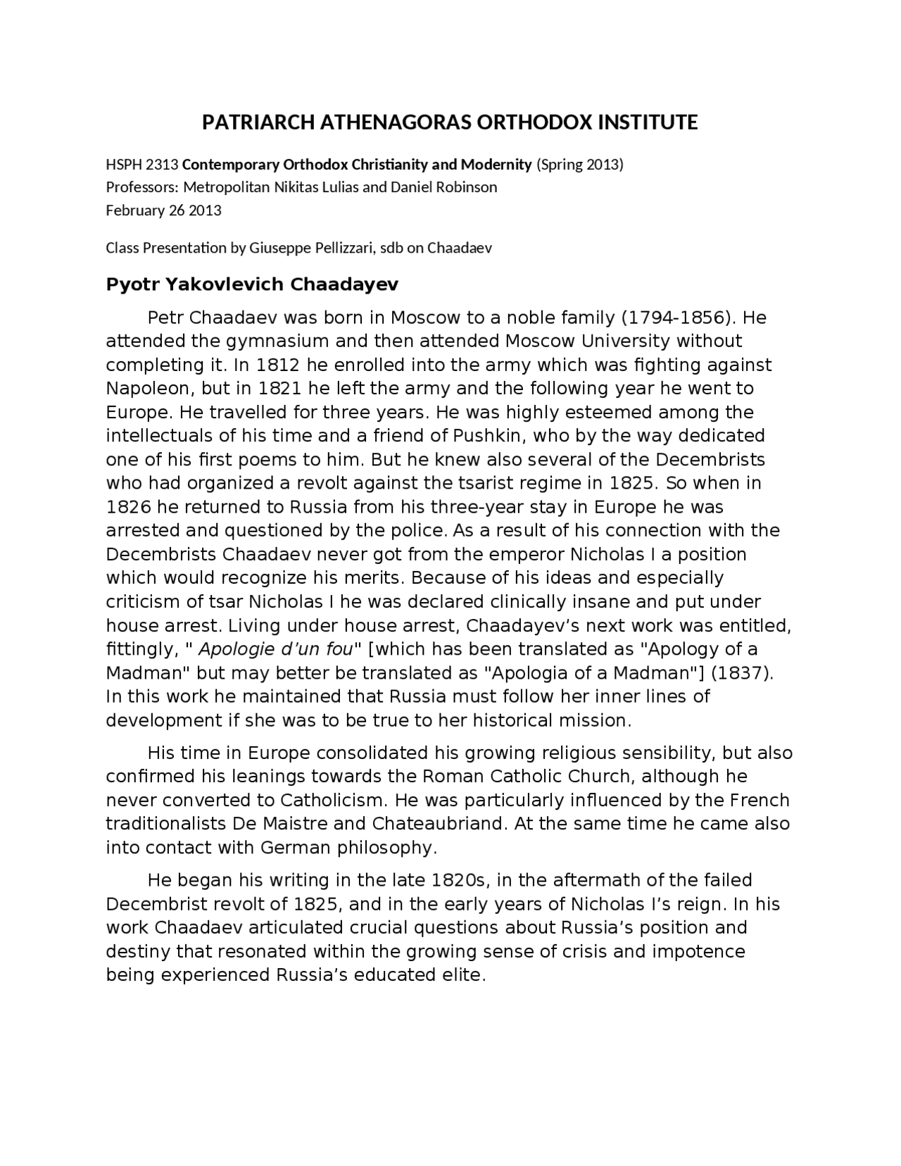 Pyotr Yakovlevich Chaadayev | Essays (university) Church History | Docsity