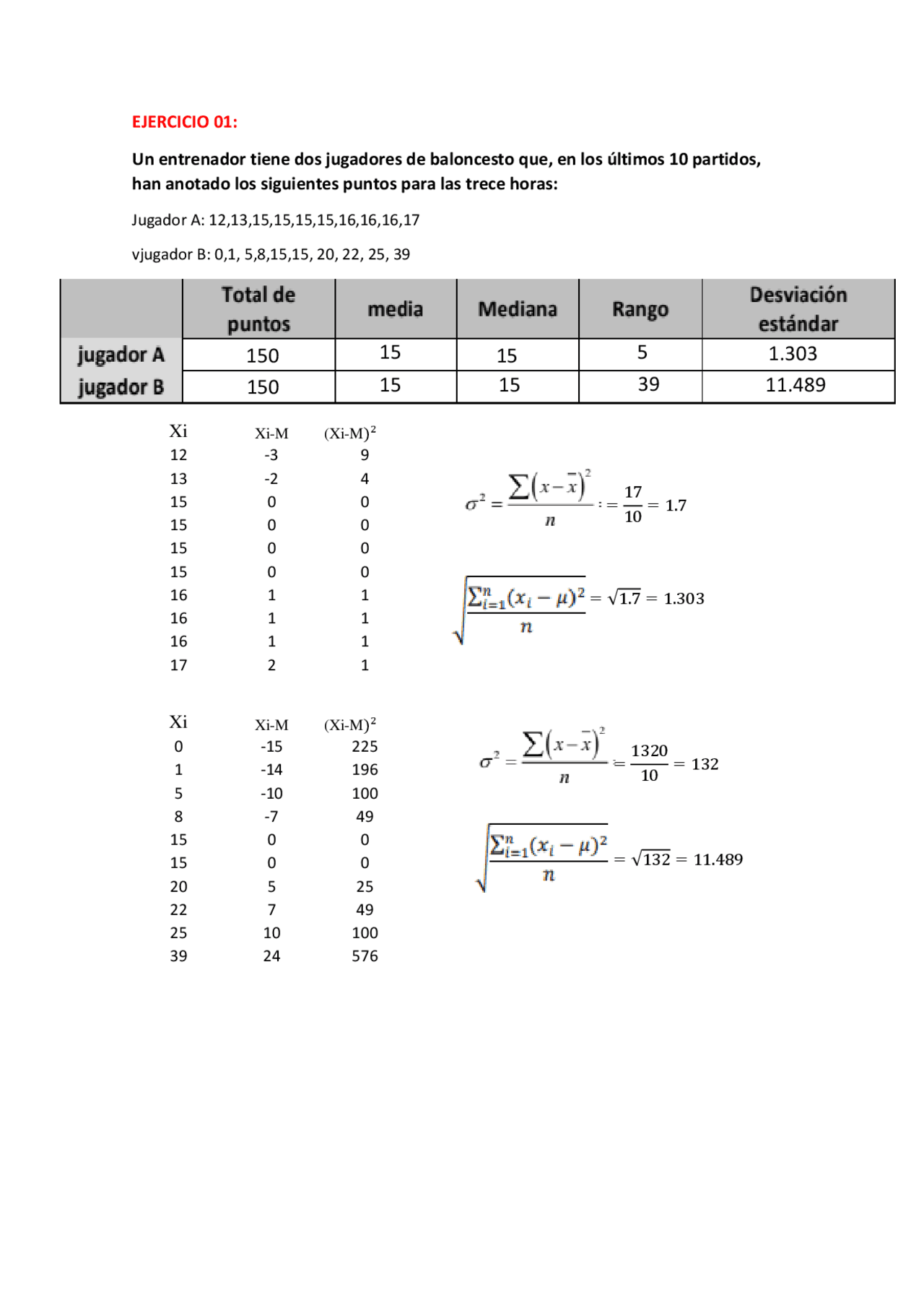 Desviación estándar | Ejercicios de Matemáticas | Docsity