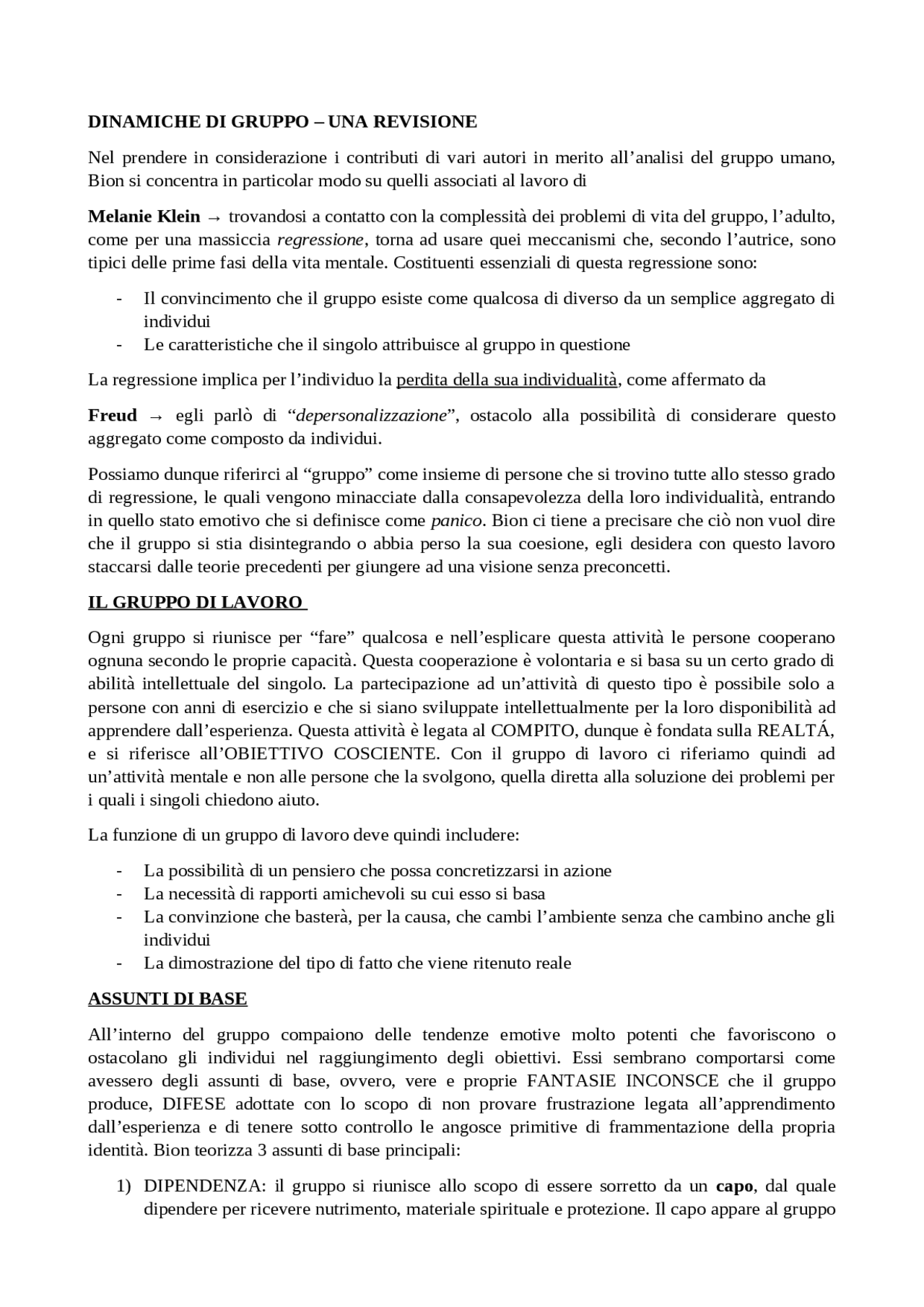Riassunto Dinamiche Di Gruppo Una Revisione Bion Docsity