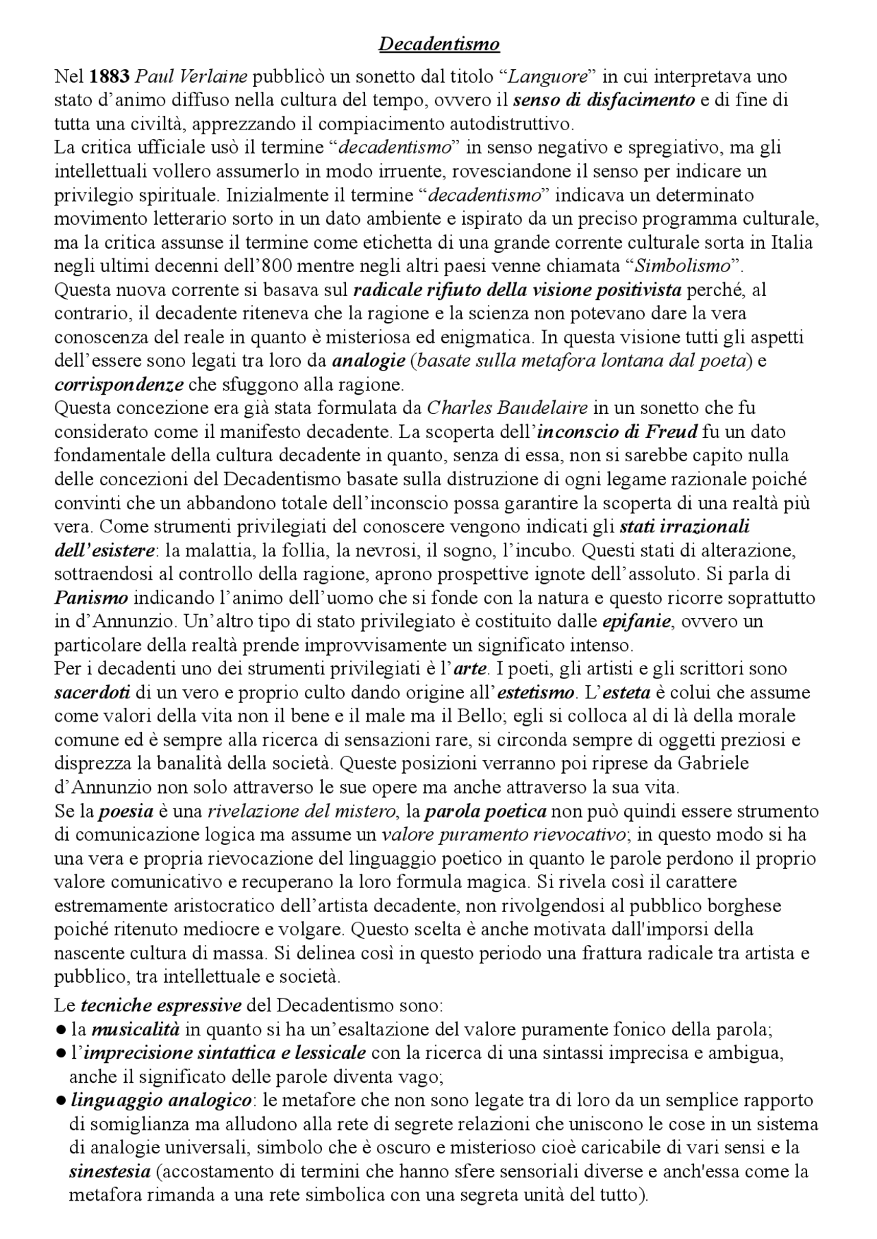 Il Decadentismo Letterario Dell 800 Appunti Di Lingue E Letterature