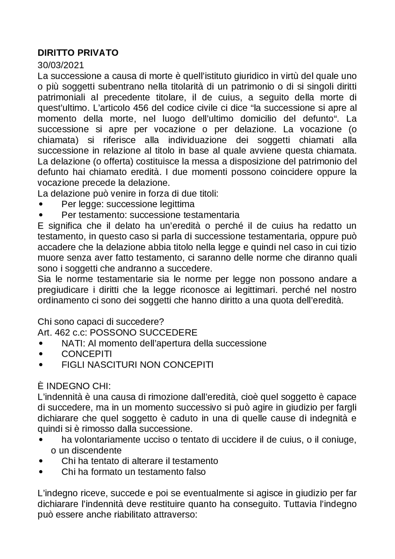Successione Diritto Privato Docsity