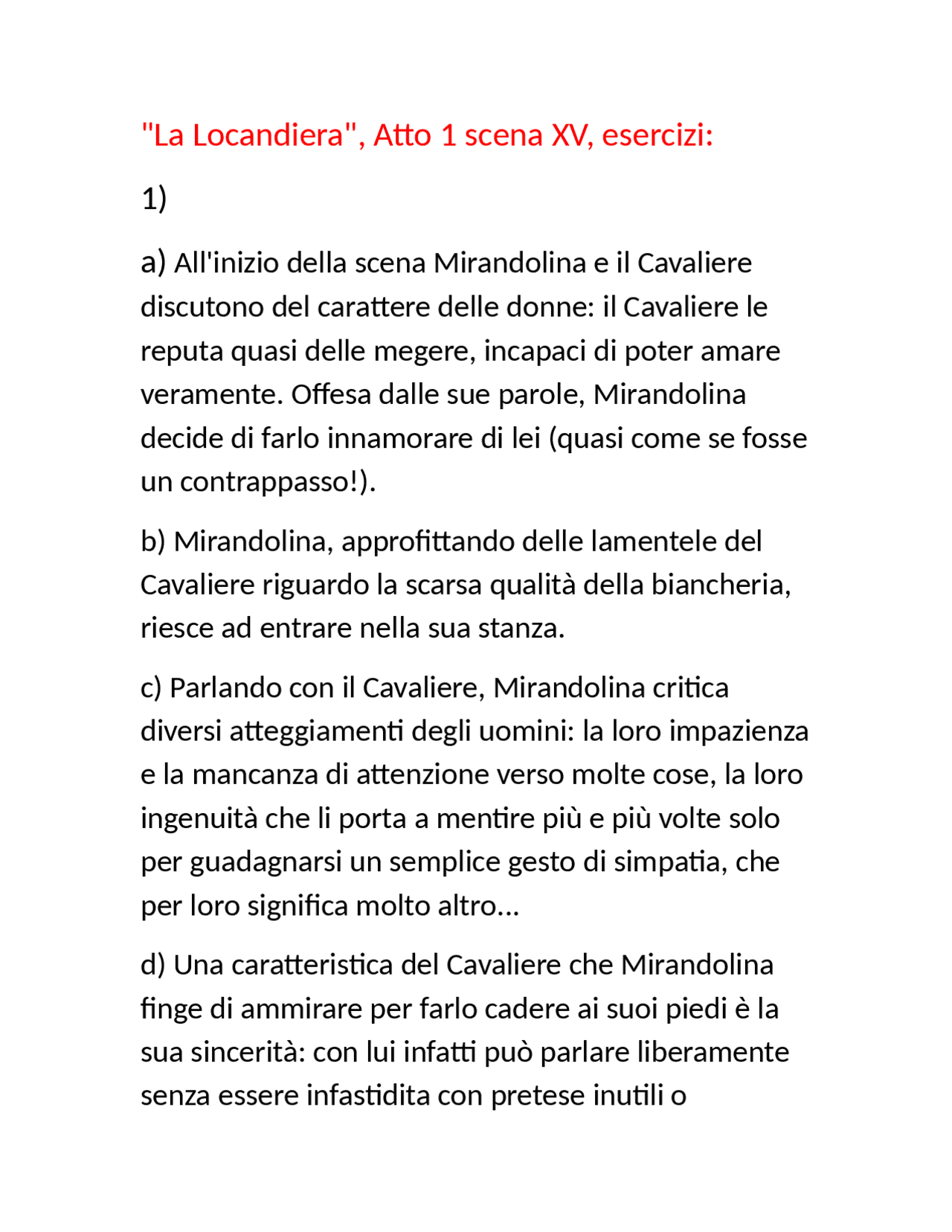 Esercizi Sulla Locandiere Di Goldoni Docsity
