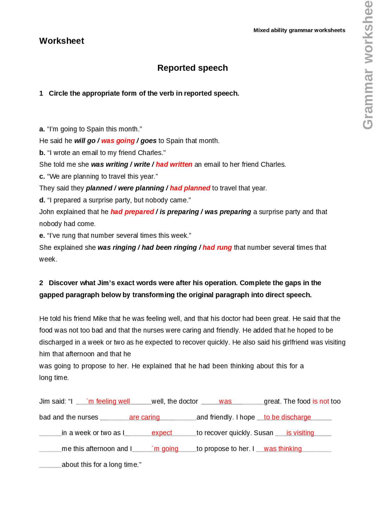 Exercices With Reported Speech Docsity