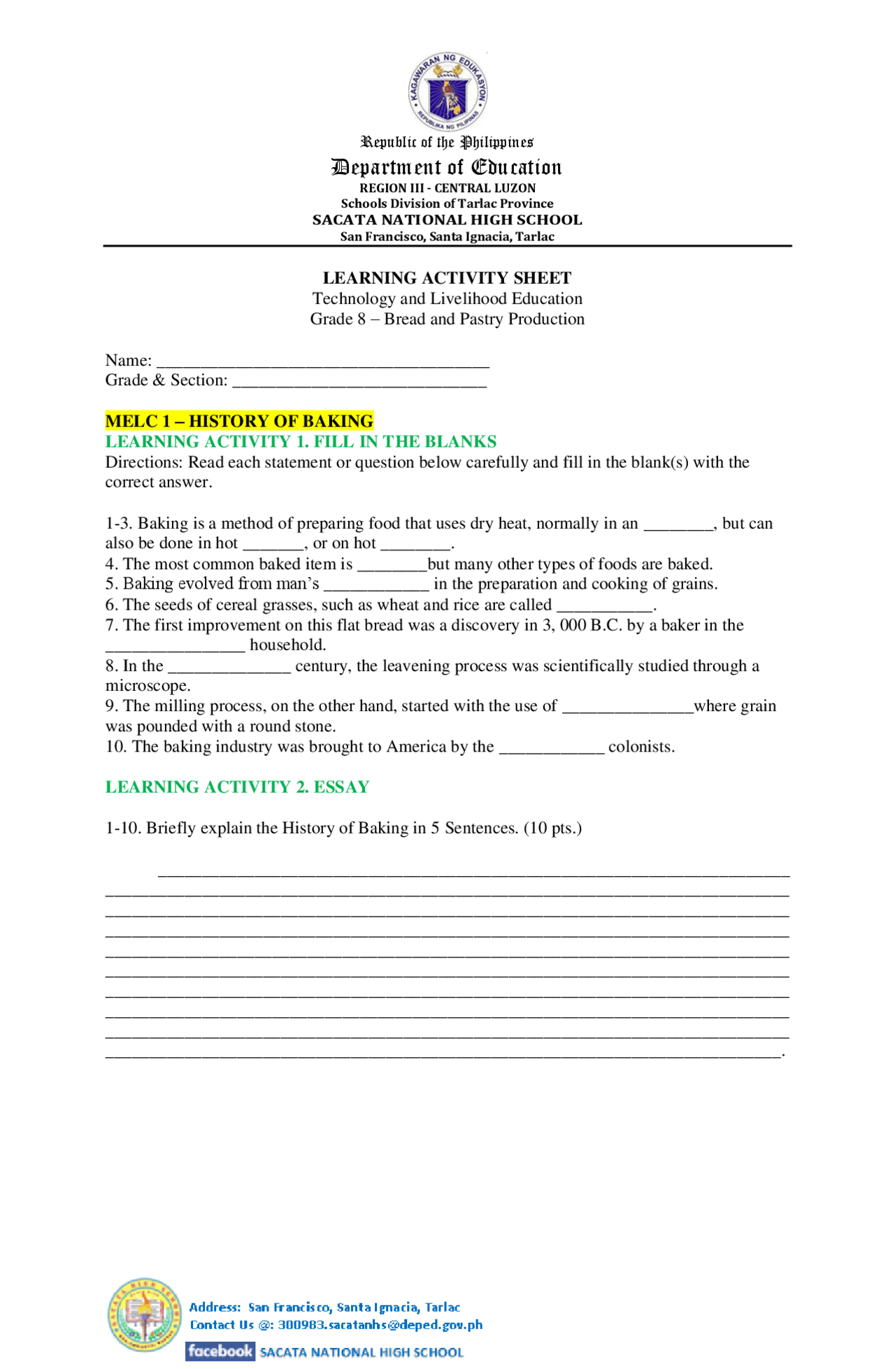 Learning Activity Sheet on Bread and Pastry Production | Exercises ...