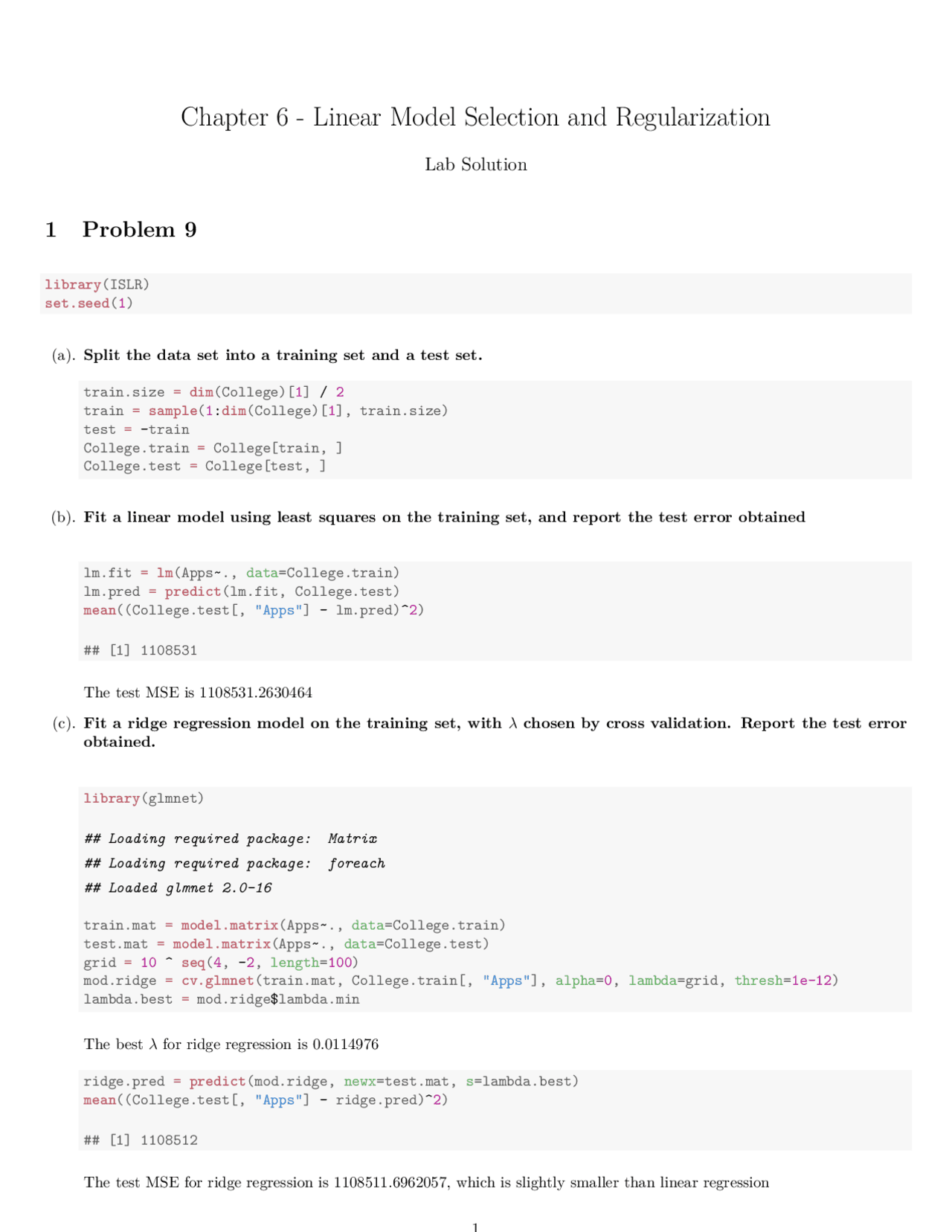 Islr Chapter 6 Linear Model Selection And Regularization Lab Manual Exercises Statistics Docsity