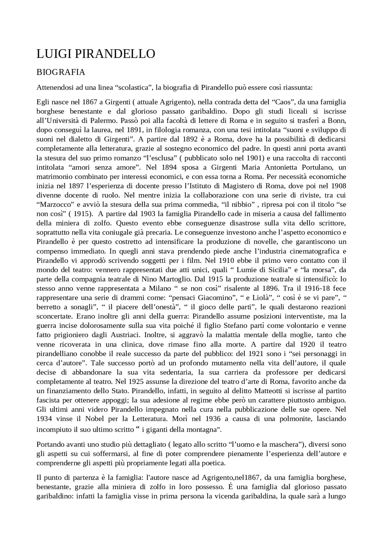 Esame Su Luigi Pirandello Docsity